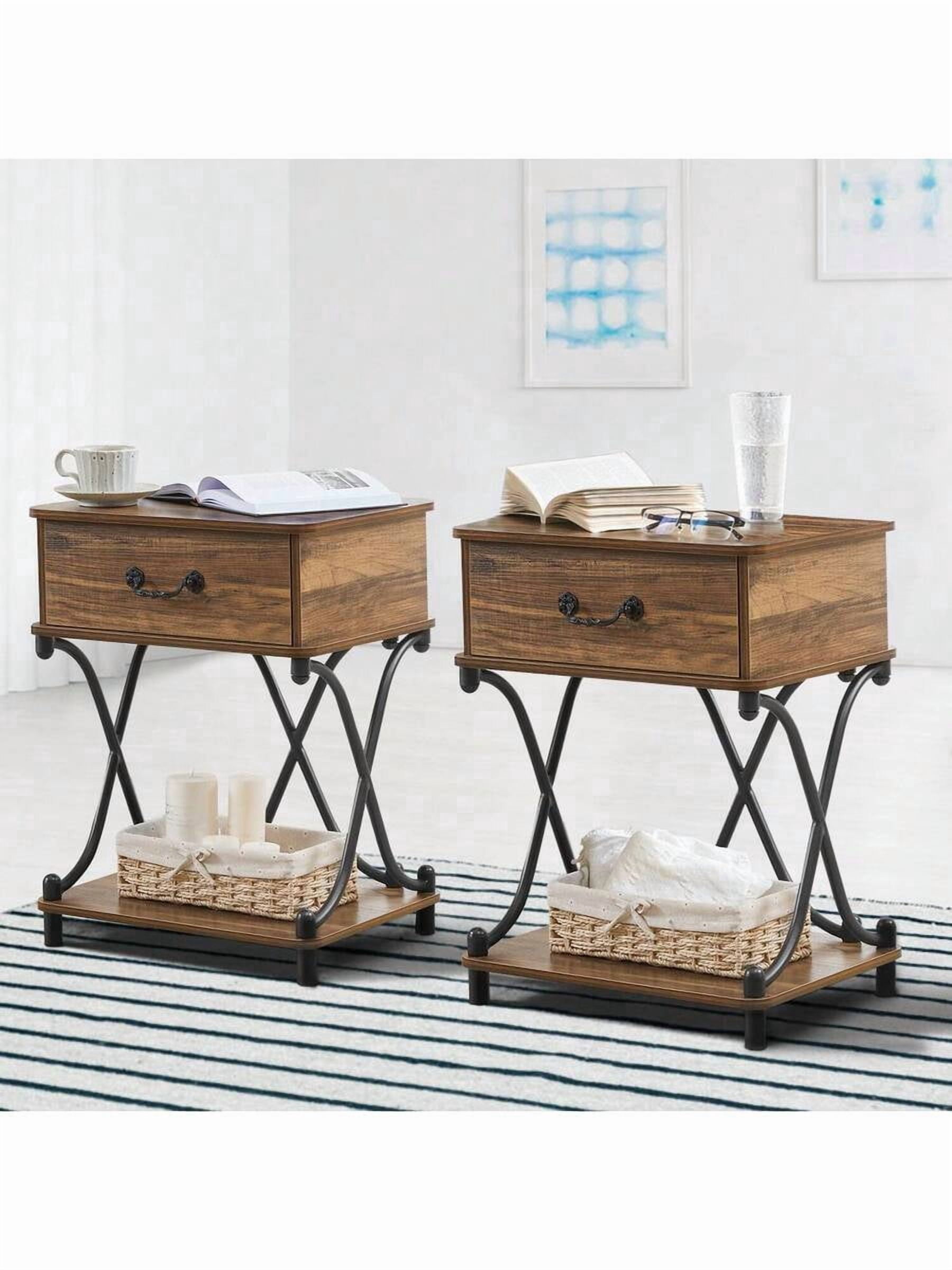 Set of Two Industrial Style Nightstands with X-Design Metal Frame and ...