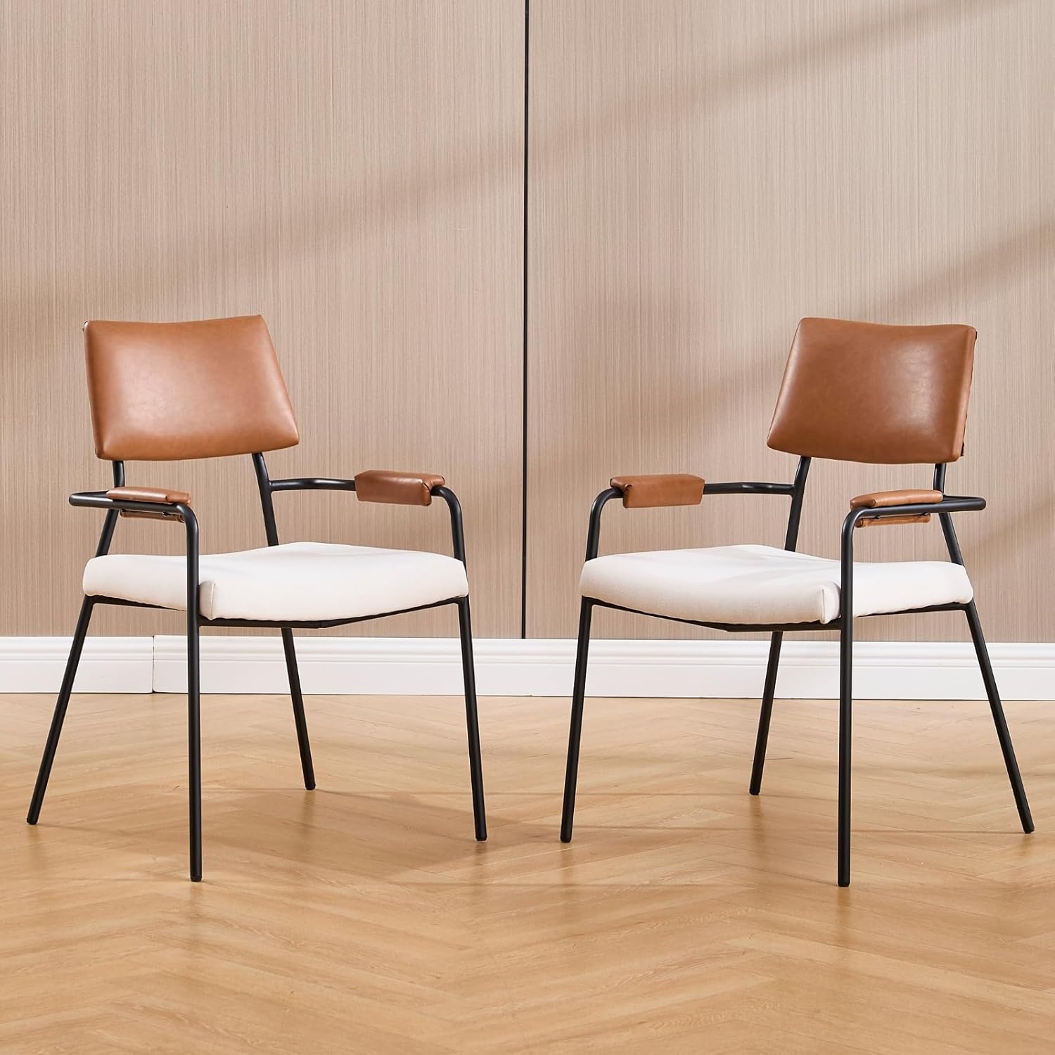 Set of Two Modern Dining Chairs, Linen Upholstered Seating with Metal ...
