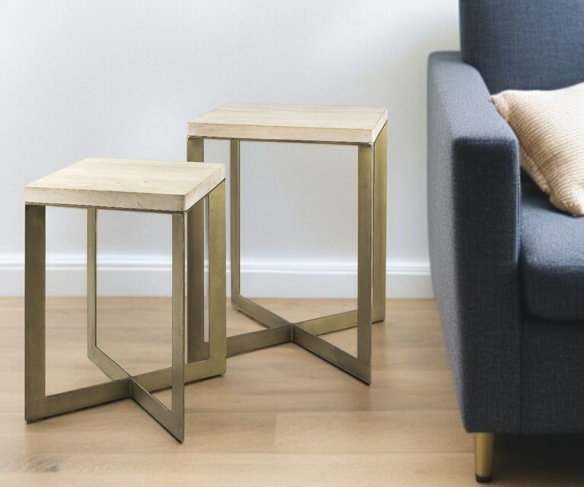 HomeRoots 604463 Natural & Gold Solid Wood & Metal Square Cross Legs ...