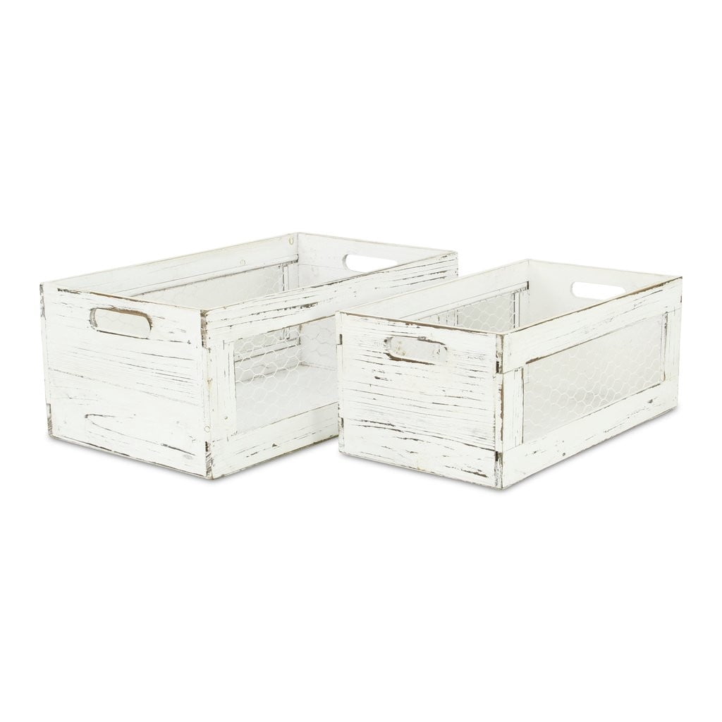 Set of Two Rustic Whitewash Chicken Wire Sides Wooden Crates - Walmart.com