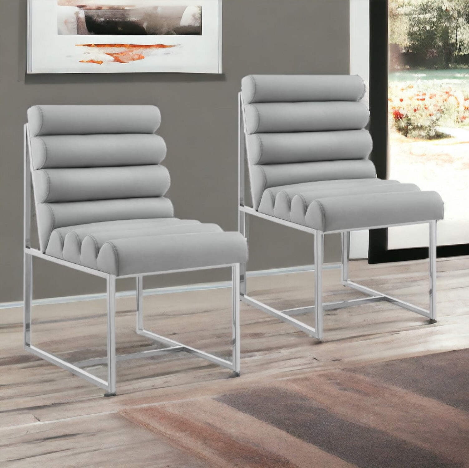 Set of Two Tufted Gray And Silver Metallic Upholstered Faux Leather ...