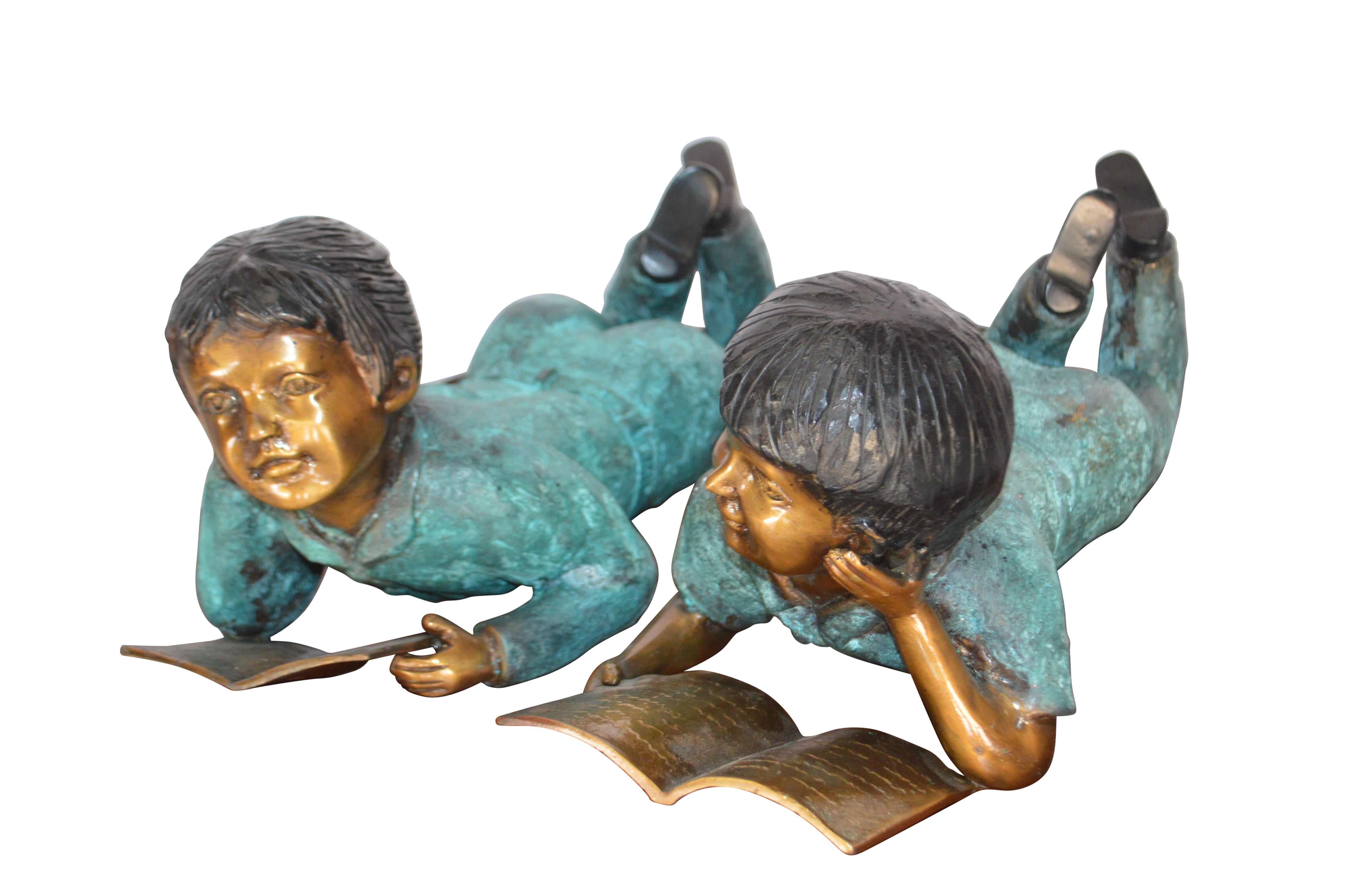 Nifao Set of a Boy and a Girl Reading a Book Bronze Statue - Size: 16"L ...