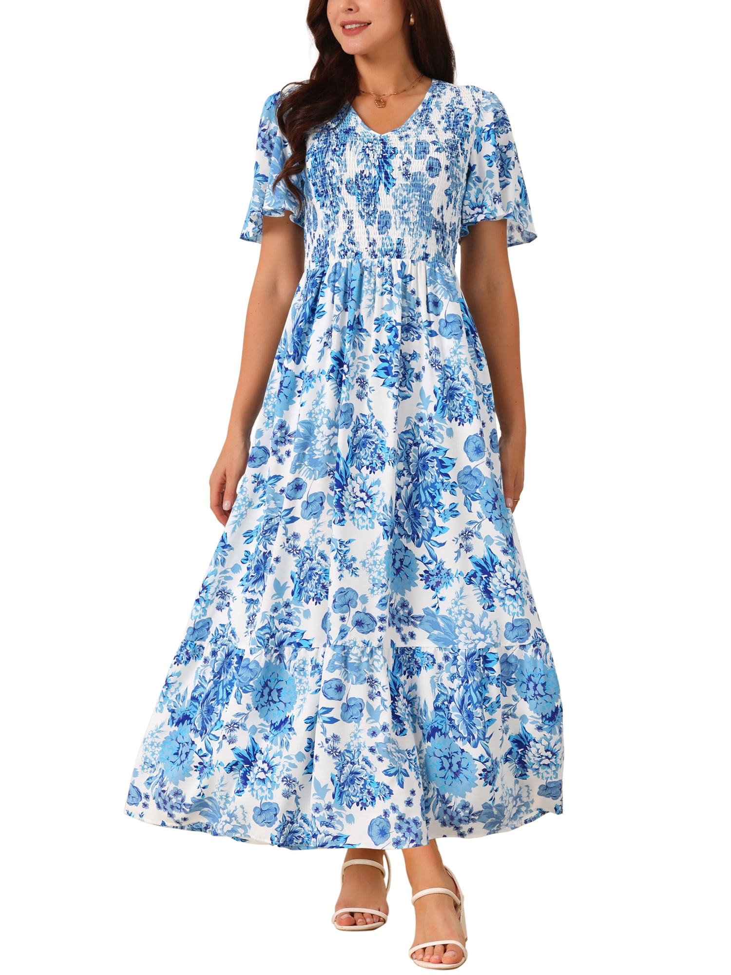 INSPIRE CHIC Women's Maxi Dress V Neck Flutter Sleeve Tiered Ruffle ...