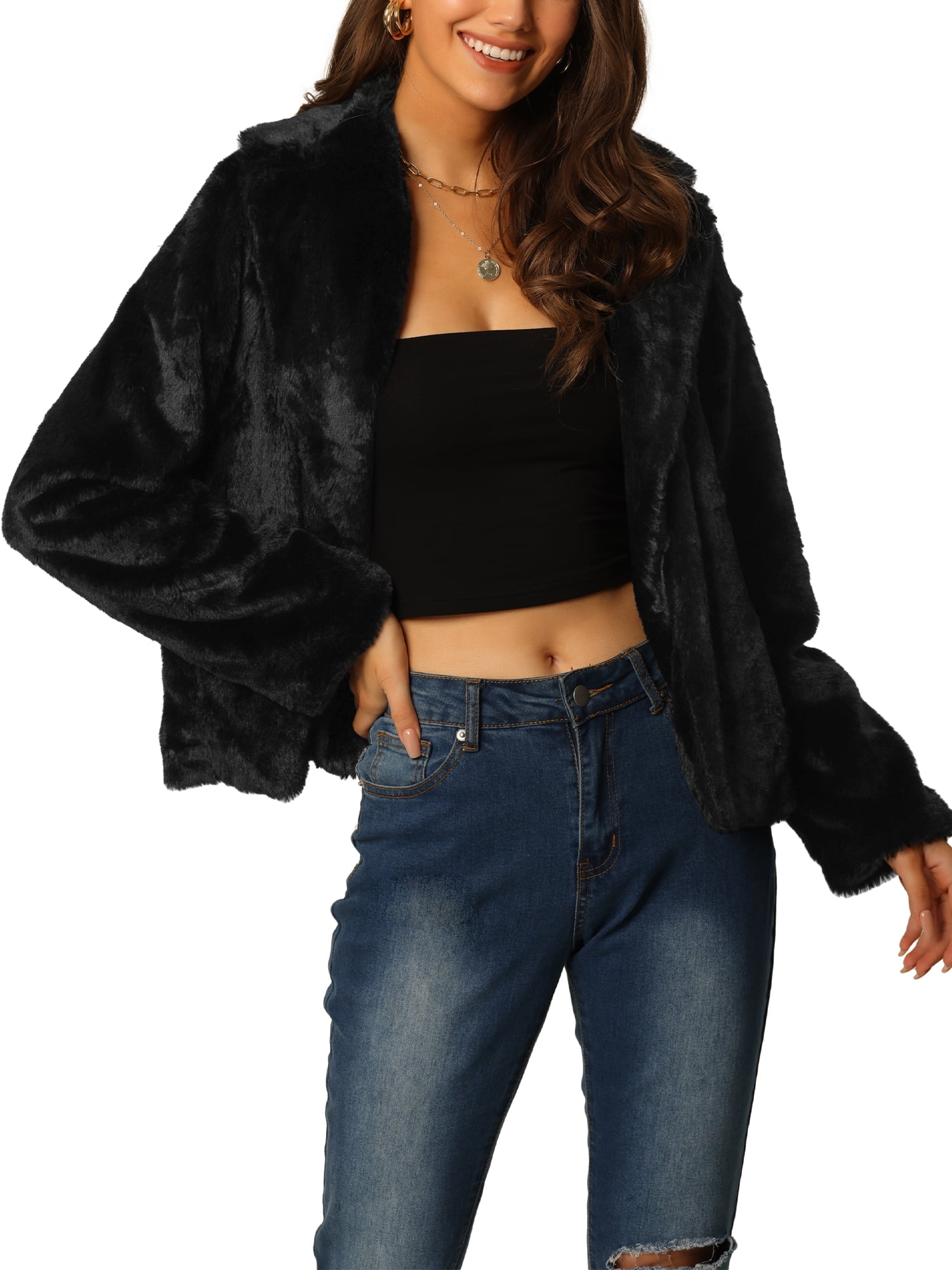 Seta T Women's 2023 Winter Cropped Faux Fur Jacket with Notch Lapel and ...