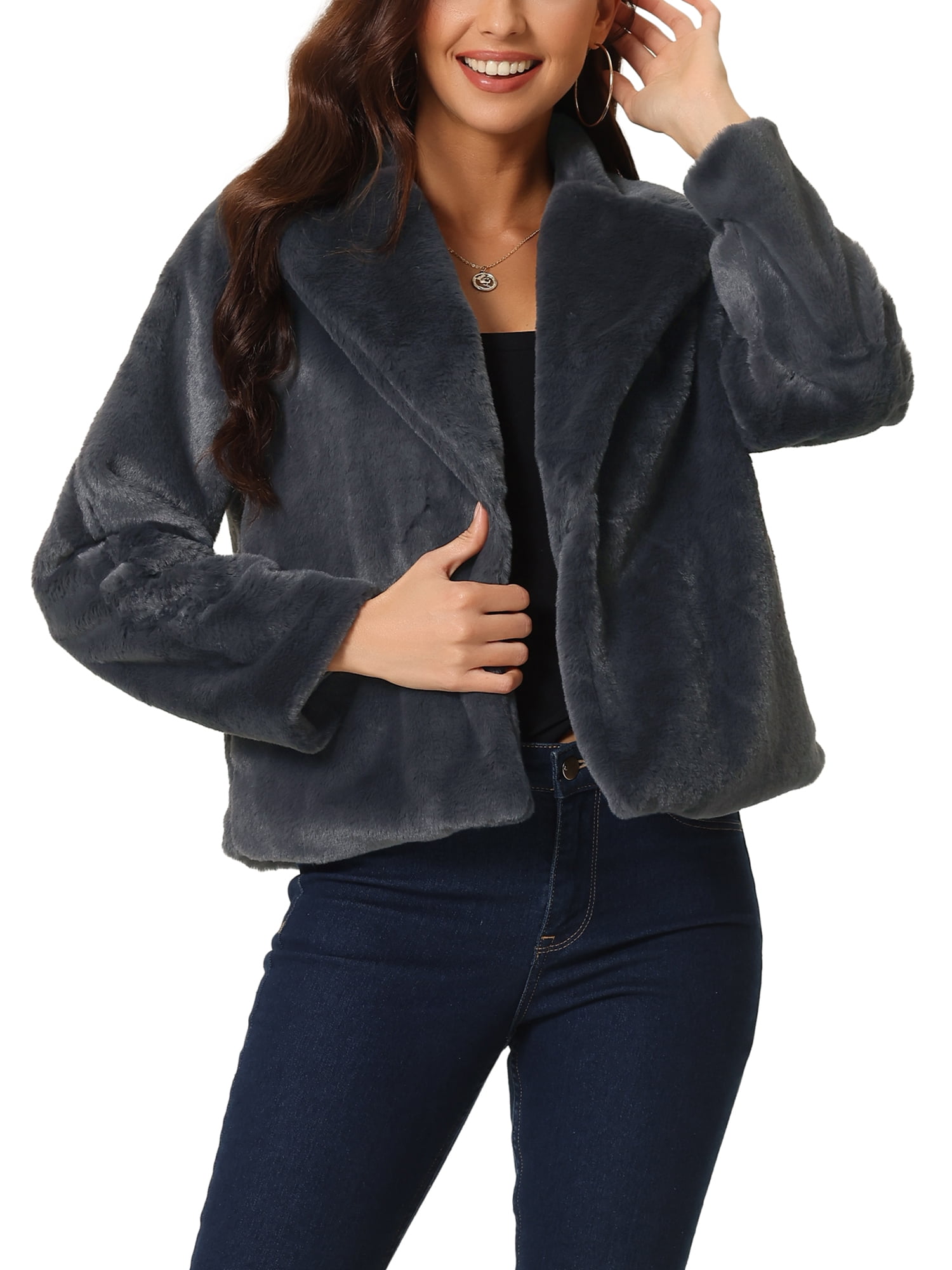 Seta T Women's 2023 Fasion Winter Cropped Notch Lapel Long Sleeve Faux ...