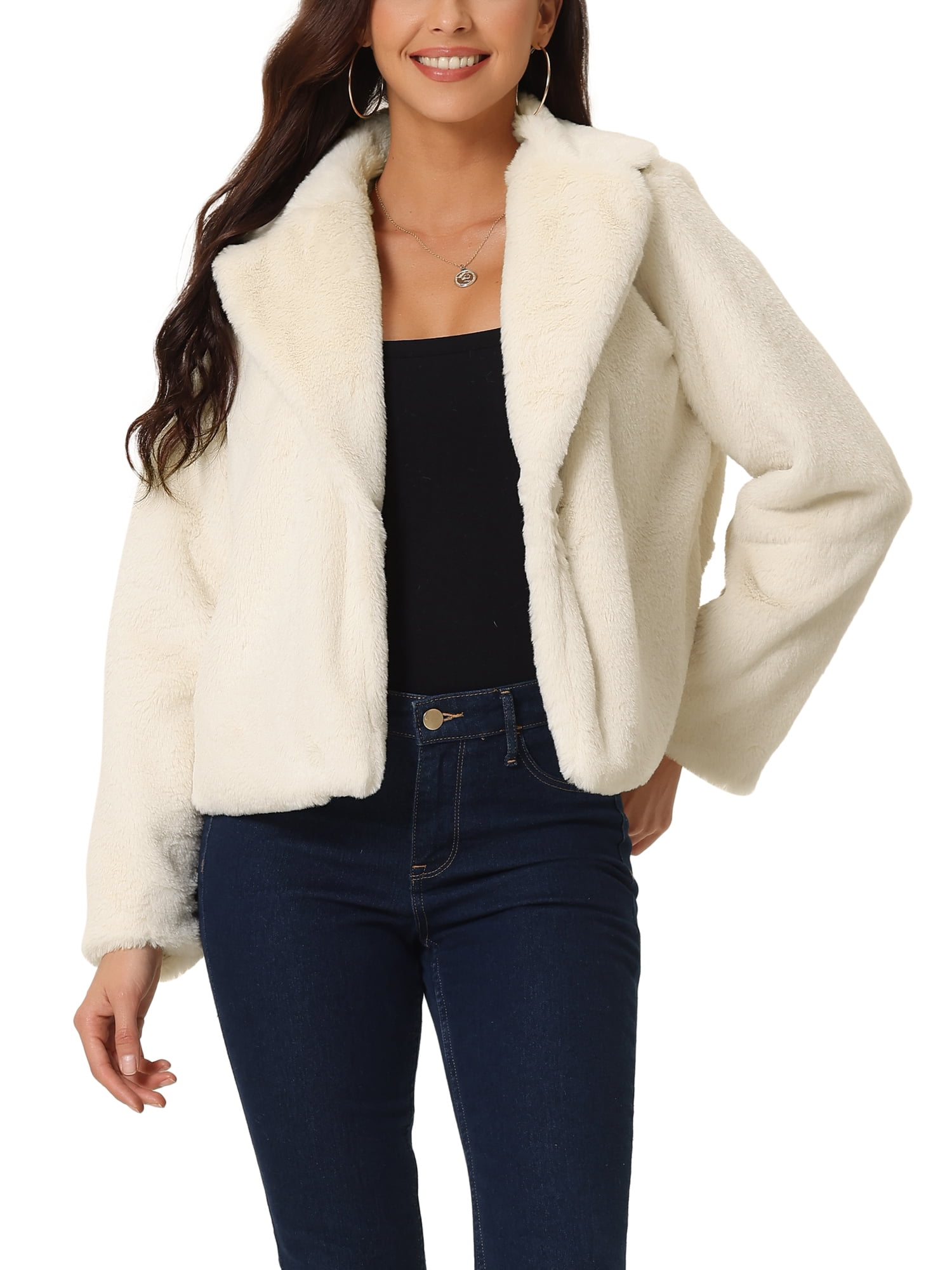 Women's Cropped Faux Fur Coat Fashion Winter Open Front Jacket Notch Lapel Long Sleeve Fluffy ...