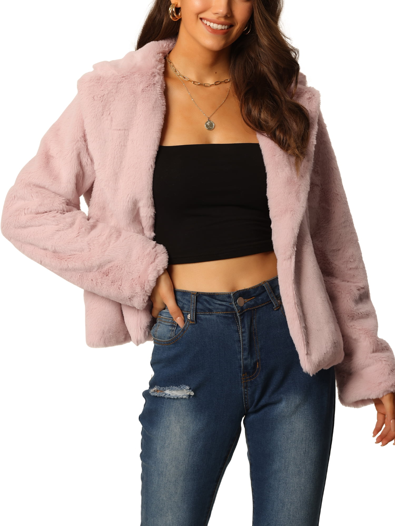 Women's Cropped Faux Fur Coat Fashion Winter Open Front Jacket Notch Lapel Long Sleeve Fluffy ...