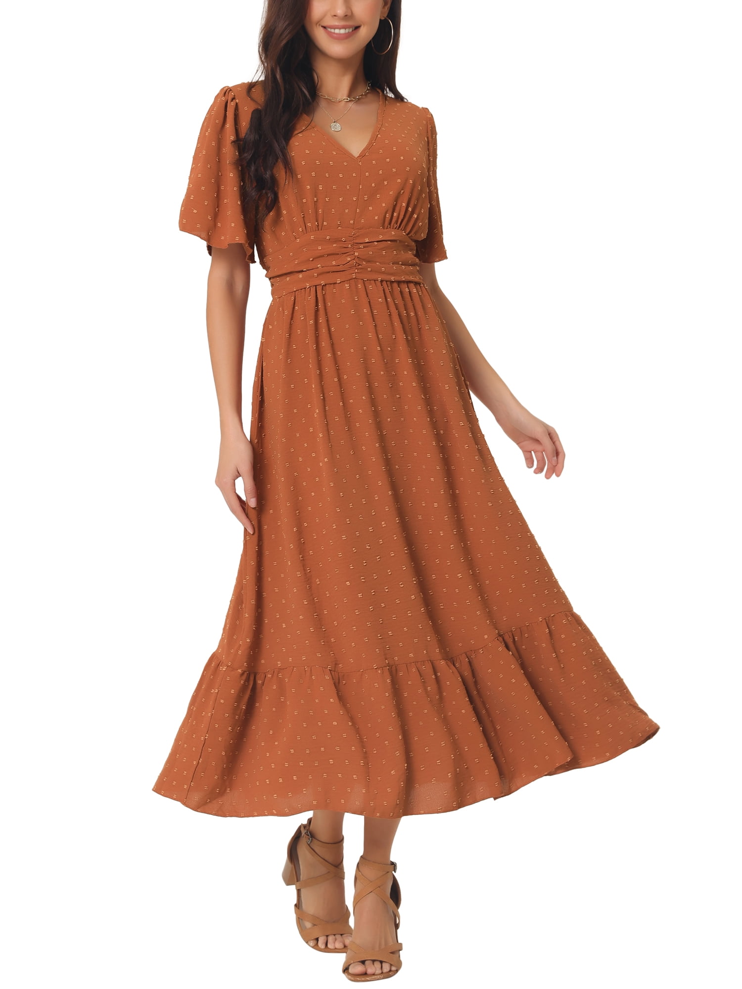 Seta T Women's Boho Dress Ruffle Short Sleeve V Neck Swiss Dots Tie ...