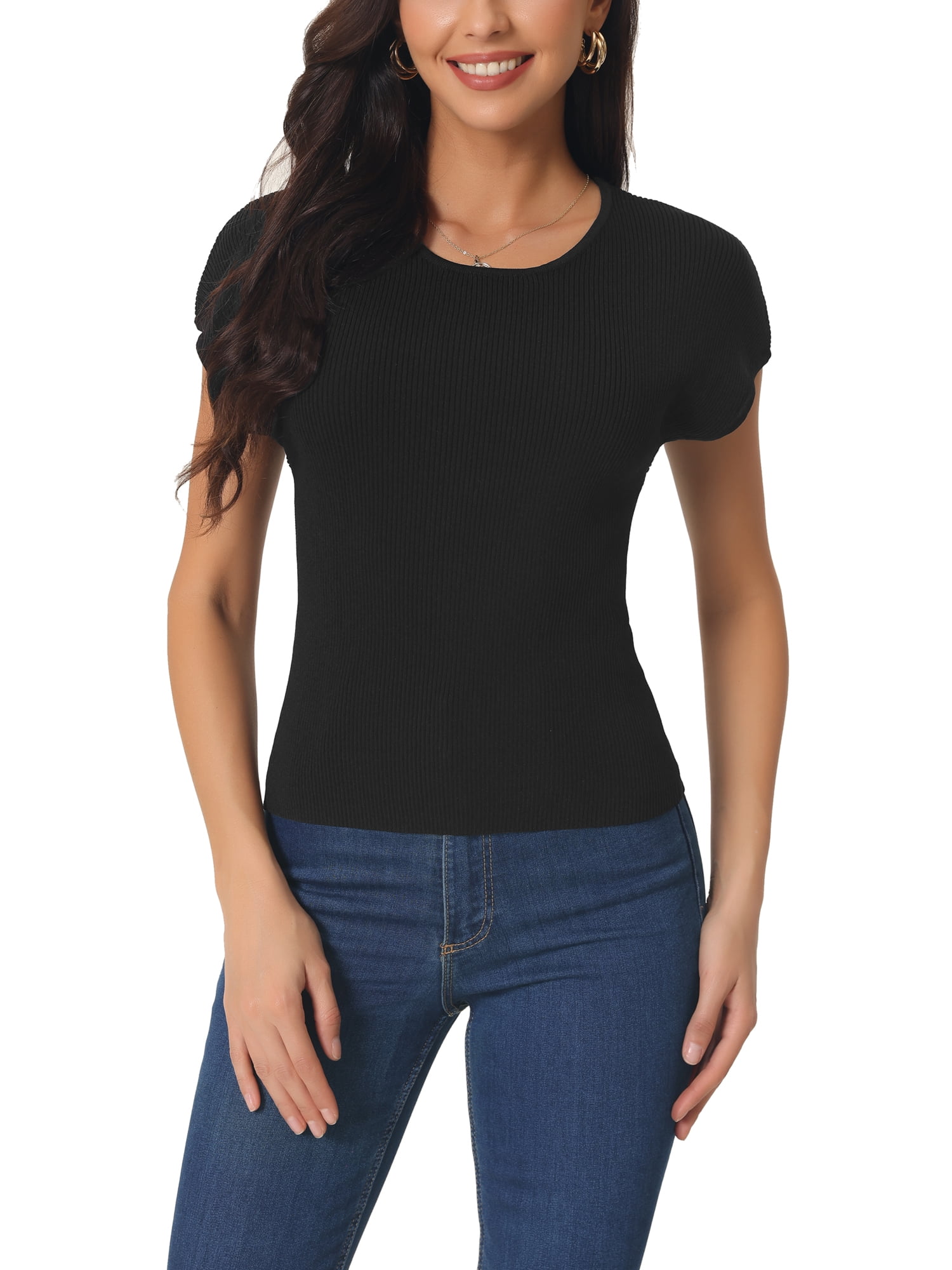 INSPIRE CHIC Women's Casual Cap Sleeve Knit T Shirts Crewneck Basic ...