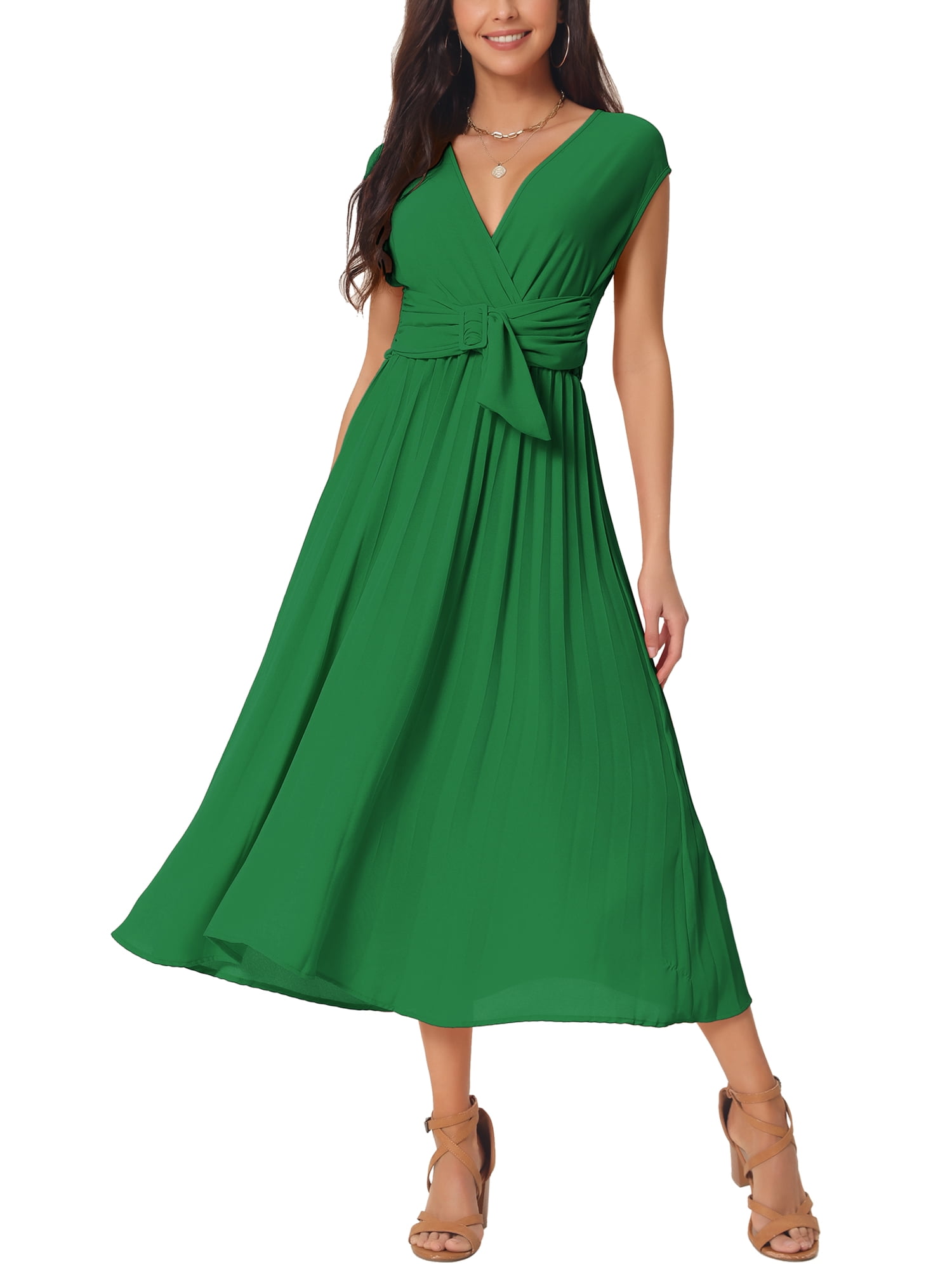 INSPIRE CHIC Women's Dress Cap Sleeves Wrap V Neck Flowy Ruffle Pleated ...