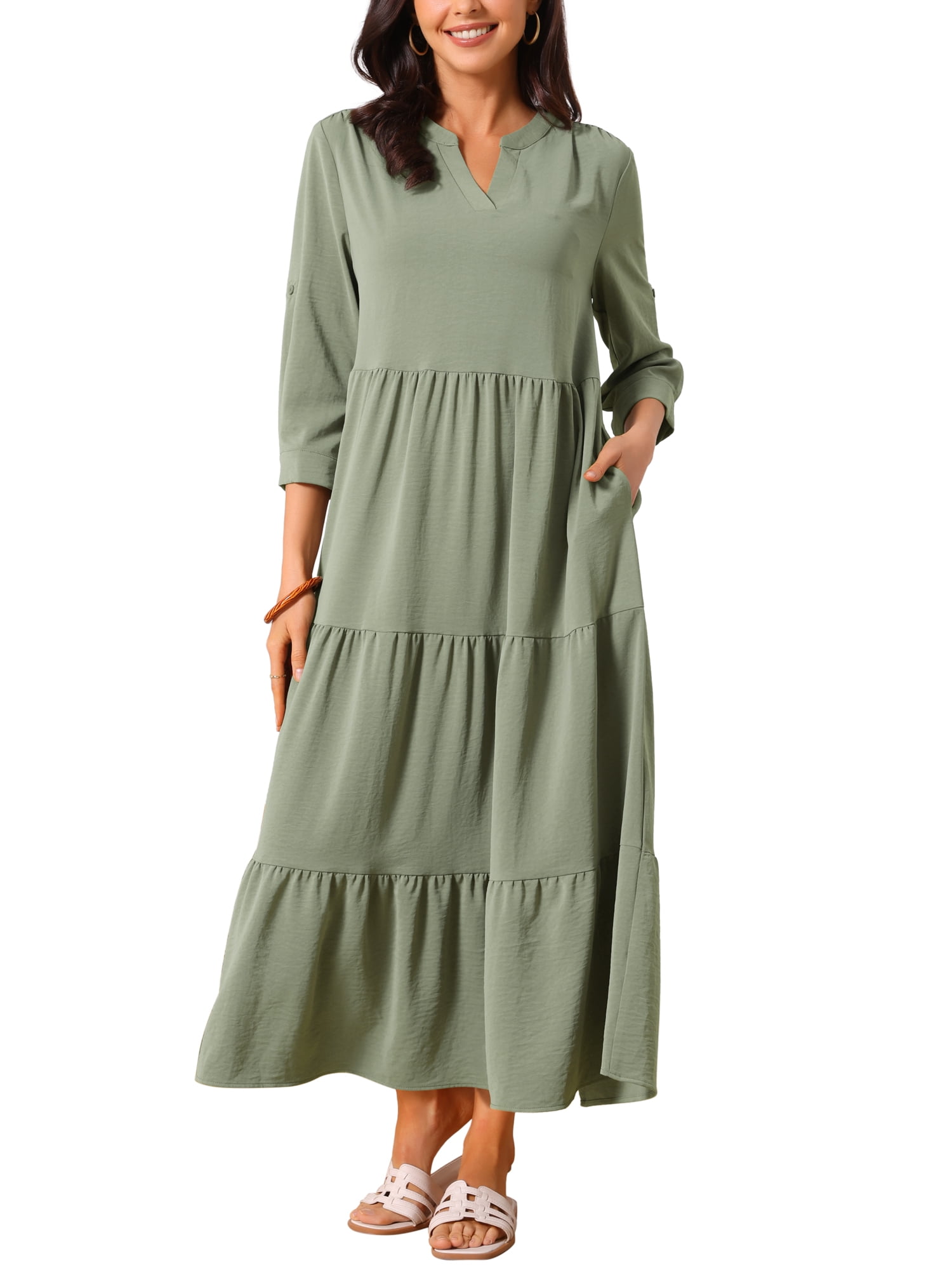 INSPIRE CHIC Women's Dress 3/4 Sleeve V Neck Tiered Loose Fit Maxi ...