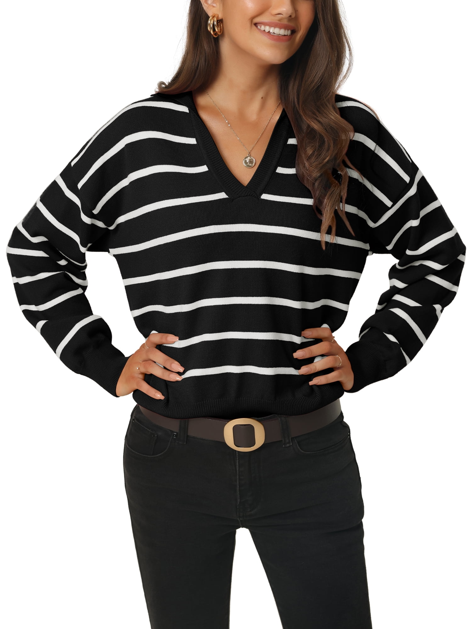 Seta T Women's Striped Polo V Neck Pullover, Long Sleeve Knitted Sweater Top - Walmart.com