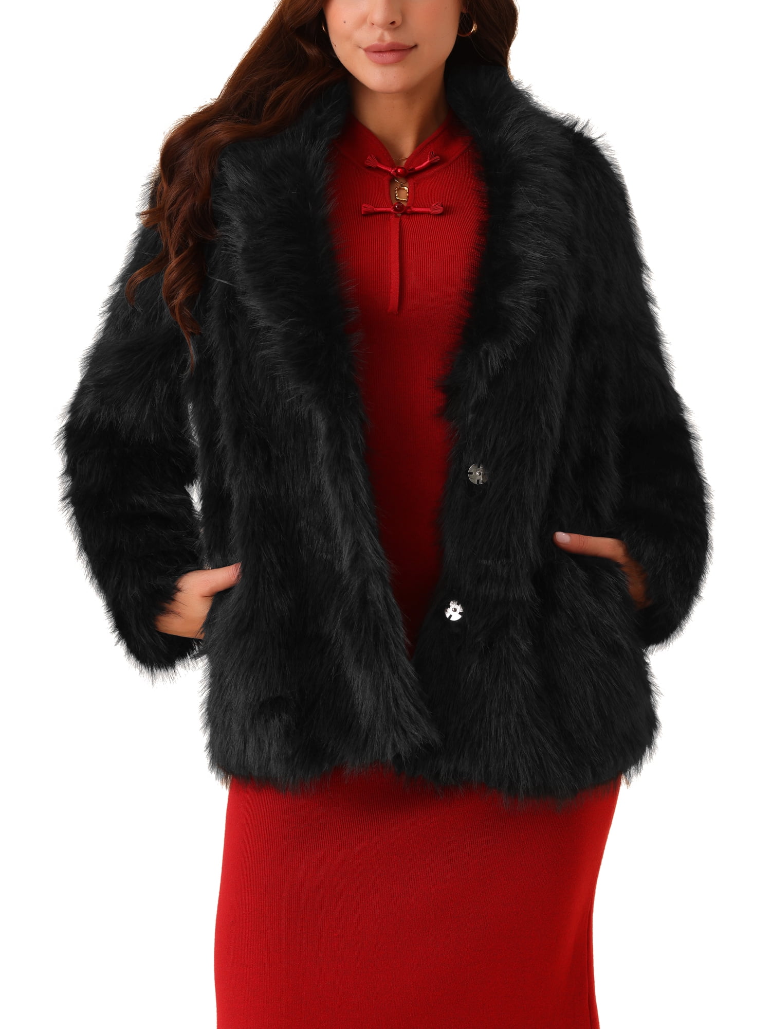 INSPIRE CHIC Women's Faux Fur Coat Long Sleeve Pockets Lapel Shaggy ...