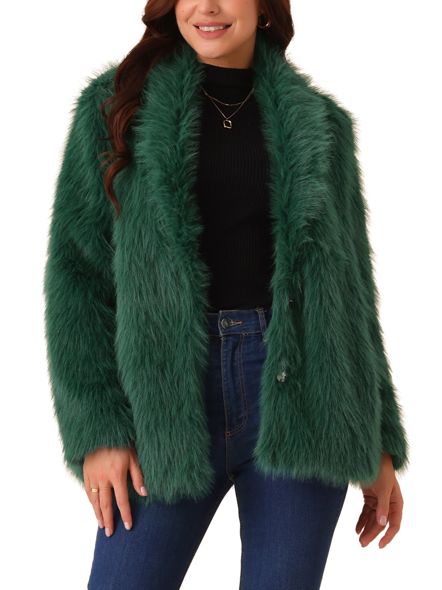 INSPIRE CHIC Women's Faux Fur Coat Long Sleeve Pockets Lapel Shaggy ...