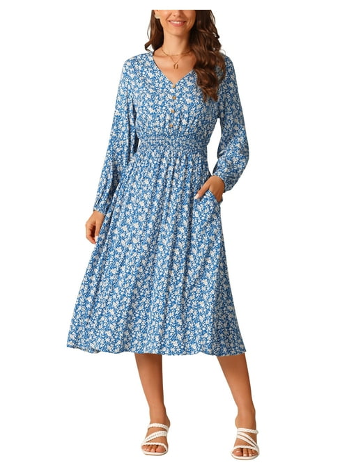 Seta T Women's Casual Floral Long Sleeve Square Neck Smocked Ruffle Hem ...