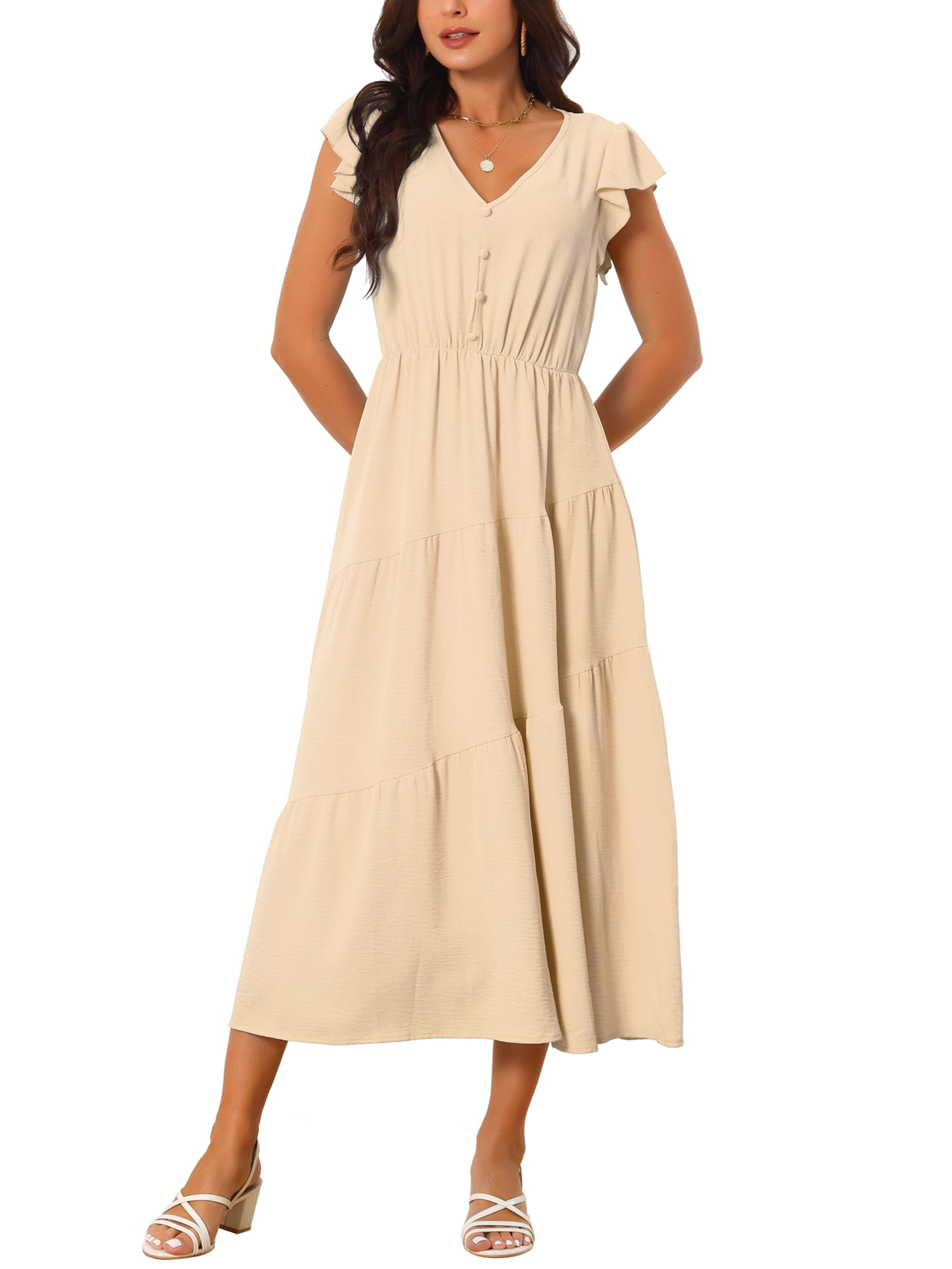 Seta T Women's Flutter Short Sleeve Tie Maxi Dresses V Neck Elastic ...