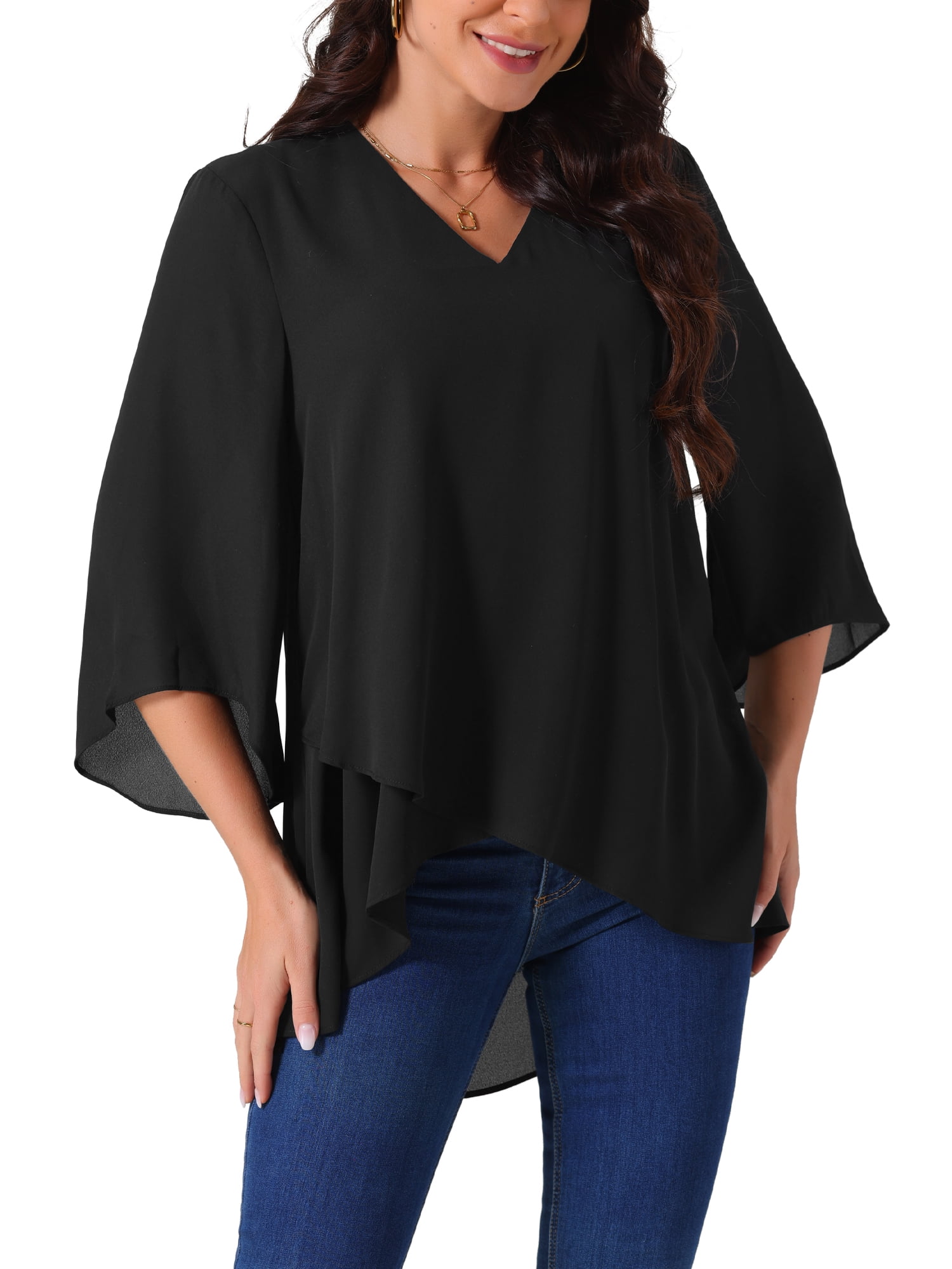 INSPIRE CHIC Women's High Low Tops Dressy Casual 3/4 Bell Sleeve V Neck ...
