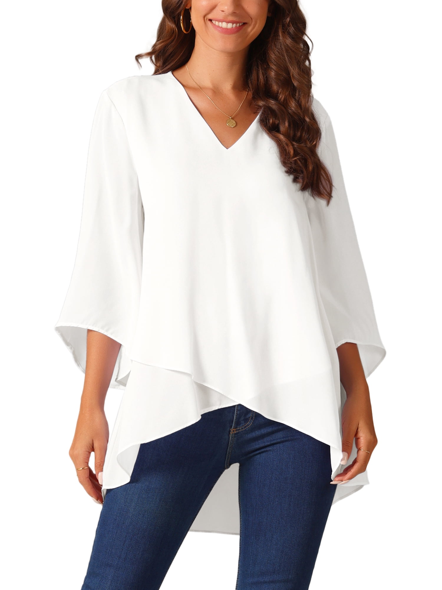 INSPIRE CHIC Women's High Low Tops Dressy Casual 3/4 Bell Sleeve V Neck ...