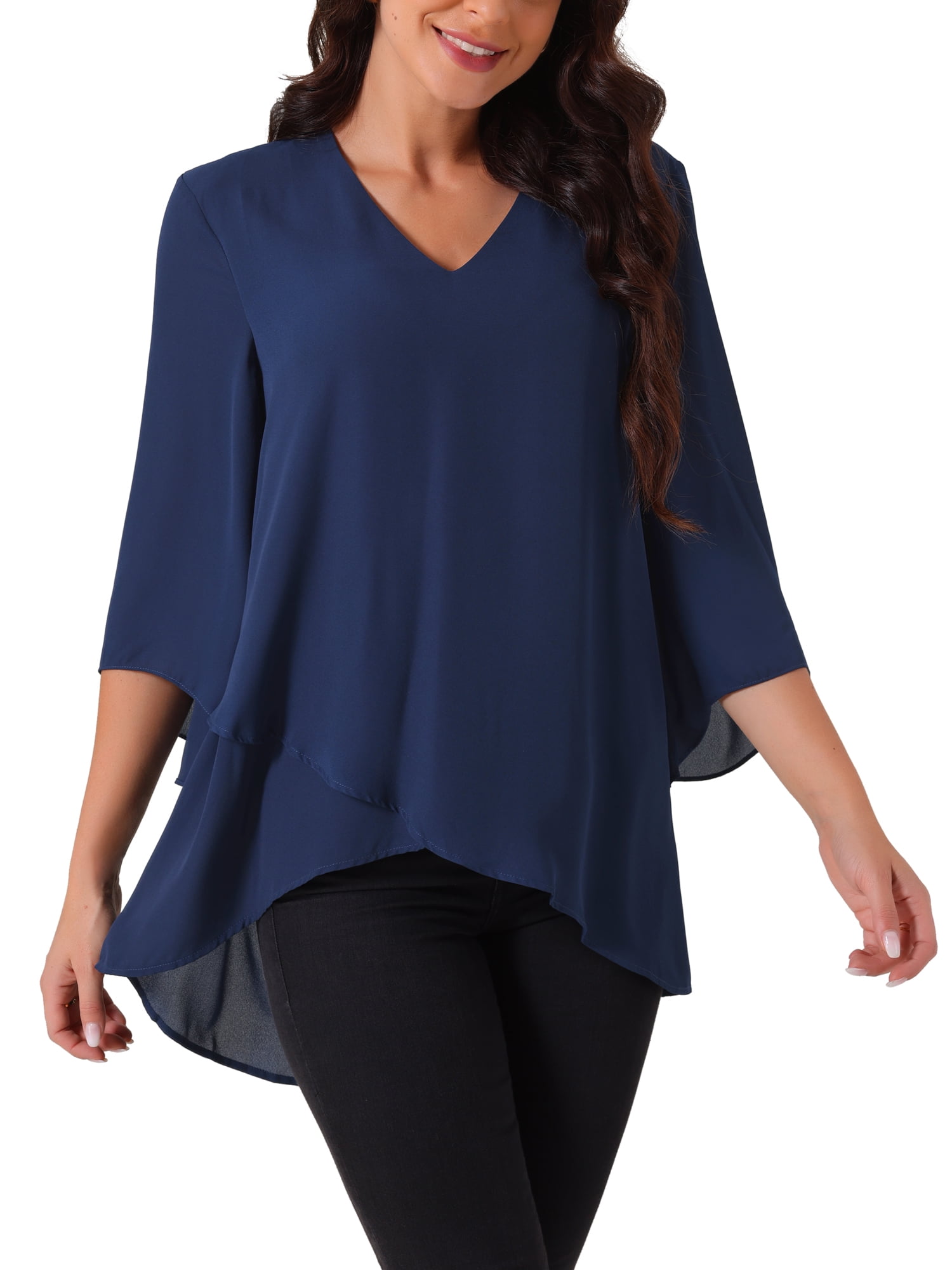 INSPIRE CHIC Women's High Low Tops Dressy Casual 3/4 Bell Sleeve V Neck ...