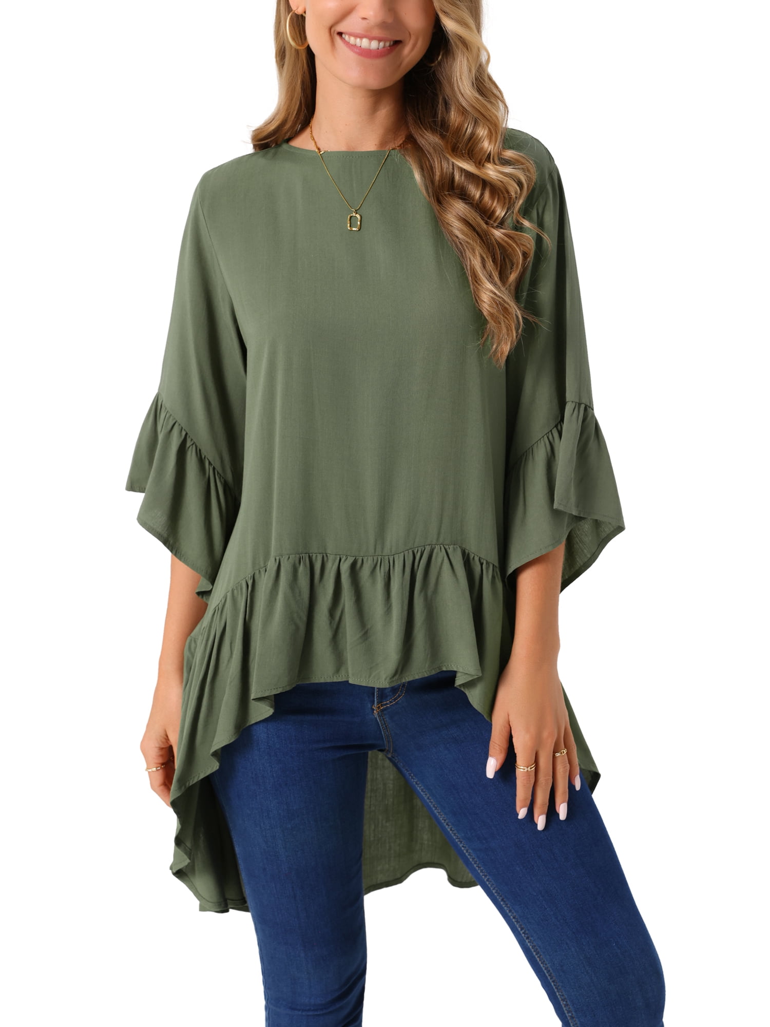 INSPIRE CHIC Women's High Low Tops 3/4 Bell Sleeve Round Neck Keyhole ...