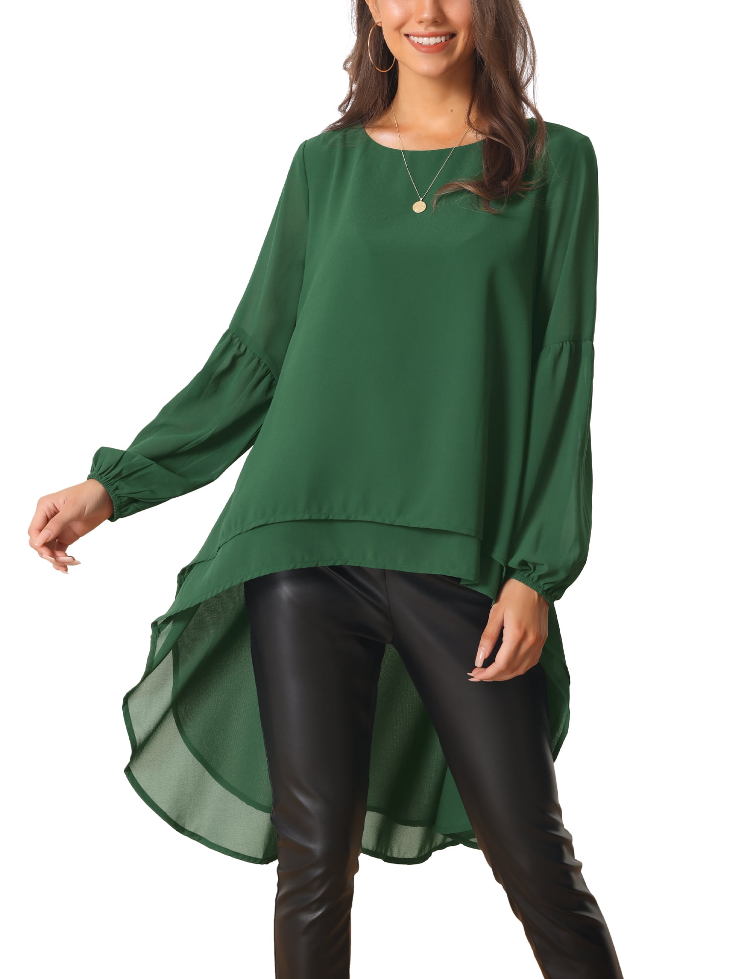 Women's High Low Tops Lantern Long Sleeve Round Neck Dressy Casual ...
