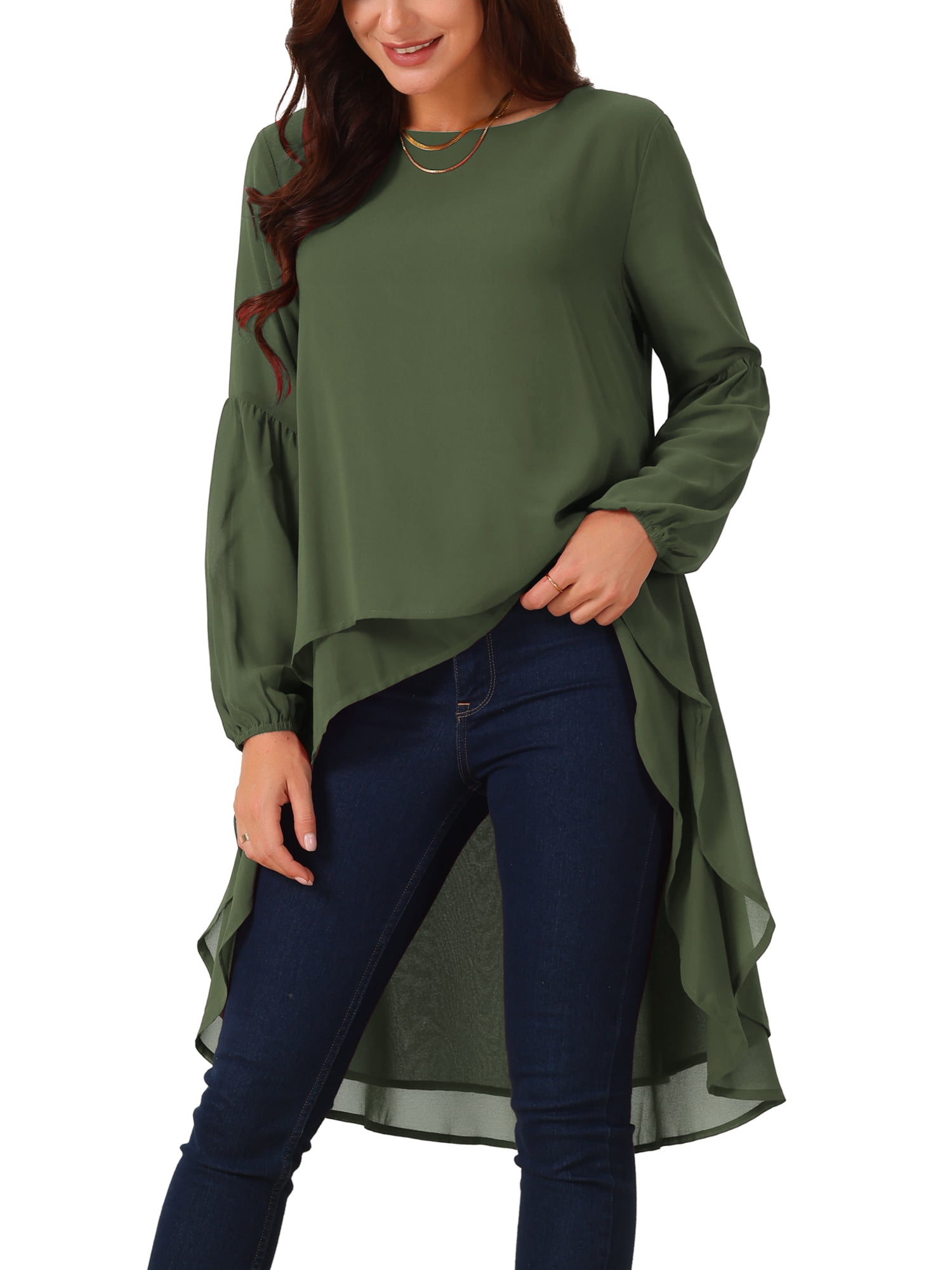 Women's High Low Tops Lantern Long Sleeve Round Neck Dressy Casual ...