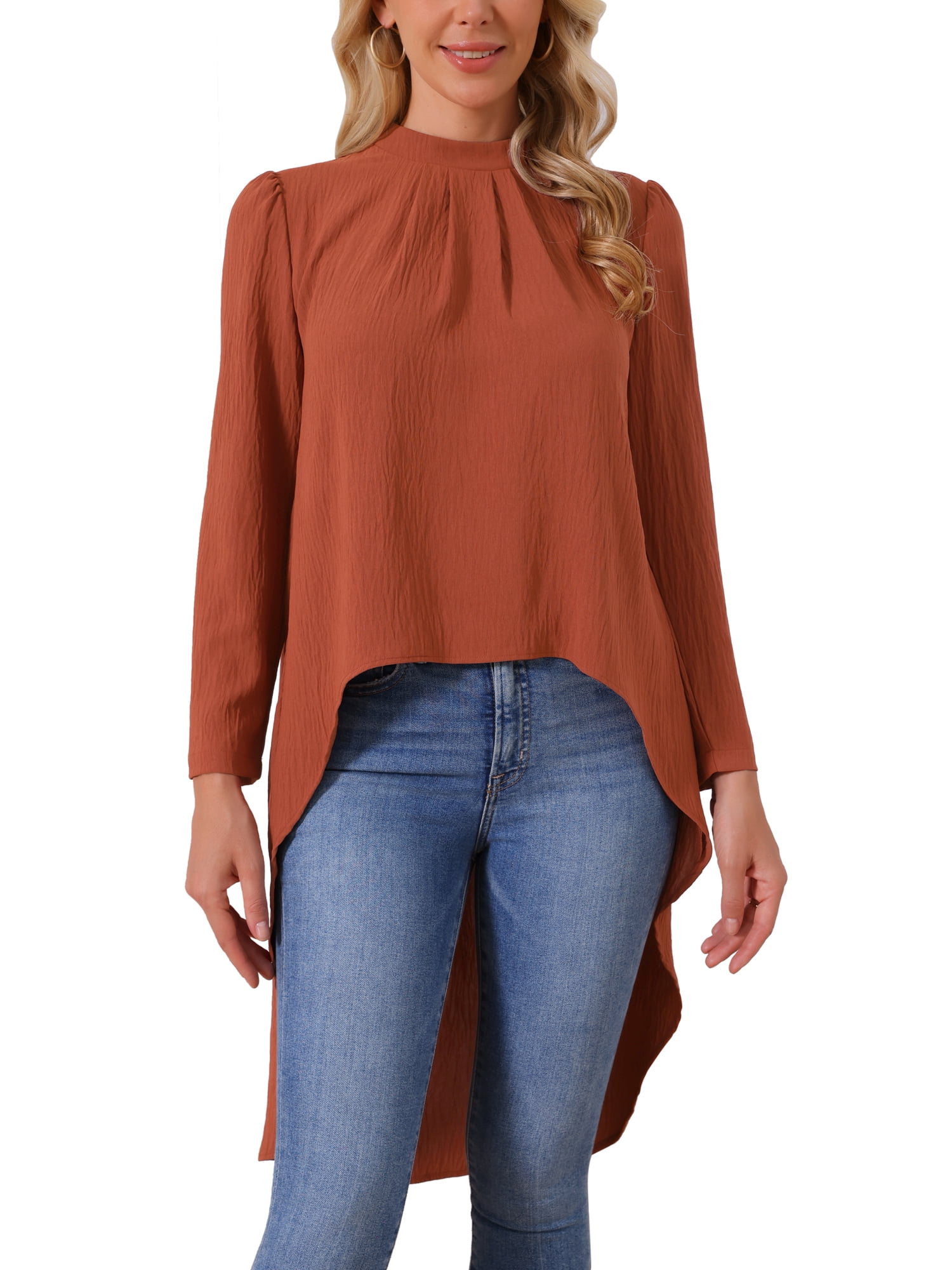 Women's High Low Tops Long Sleeve Back Keyhole Round Neck Asymmetrical ...