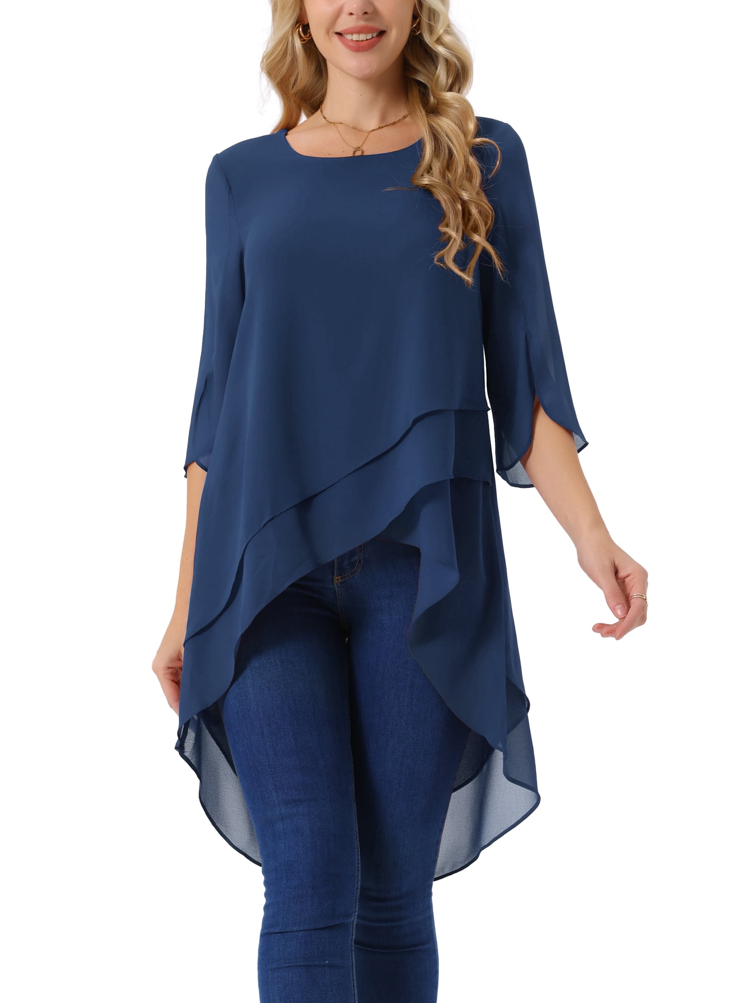 INSPIRE CHIC Women's High Low Tops Scoop Neck Chiffon Blouse ...