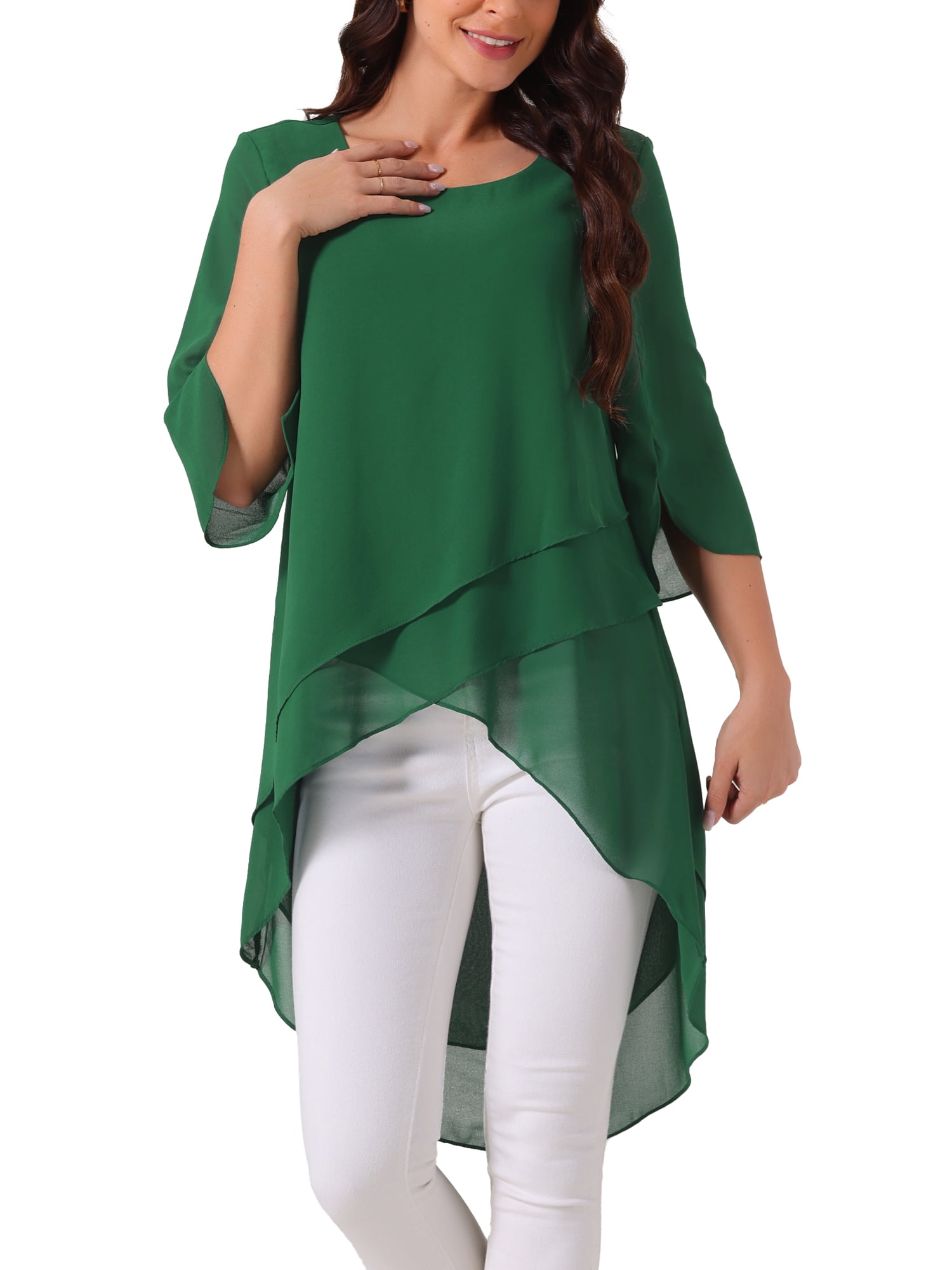 INSPIRE CHIC Women's Round Neck 3/4 Ruffle Split Sleeve High Low ...