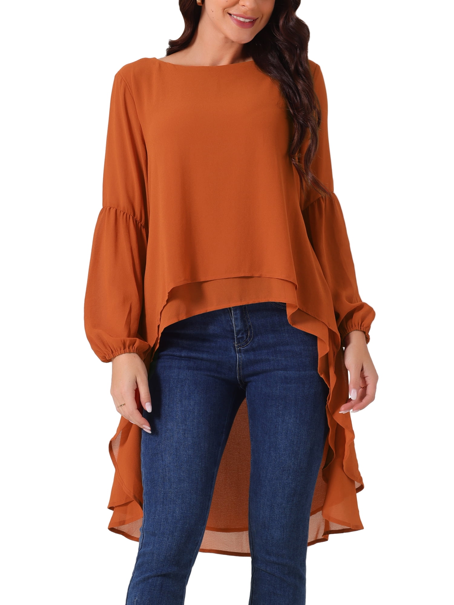 Women's High Low Tops Lantern Long Sleeve Round Neck Dressy Casual ...