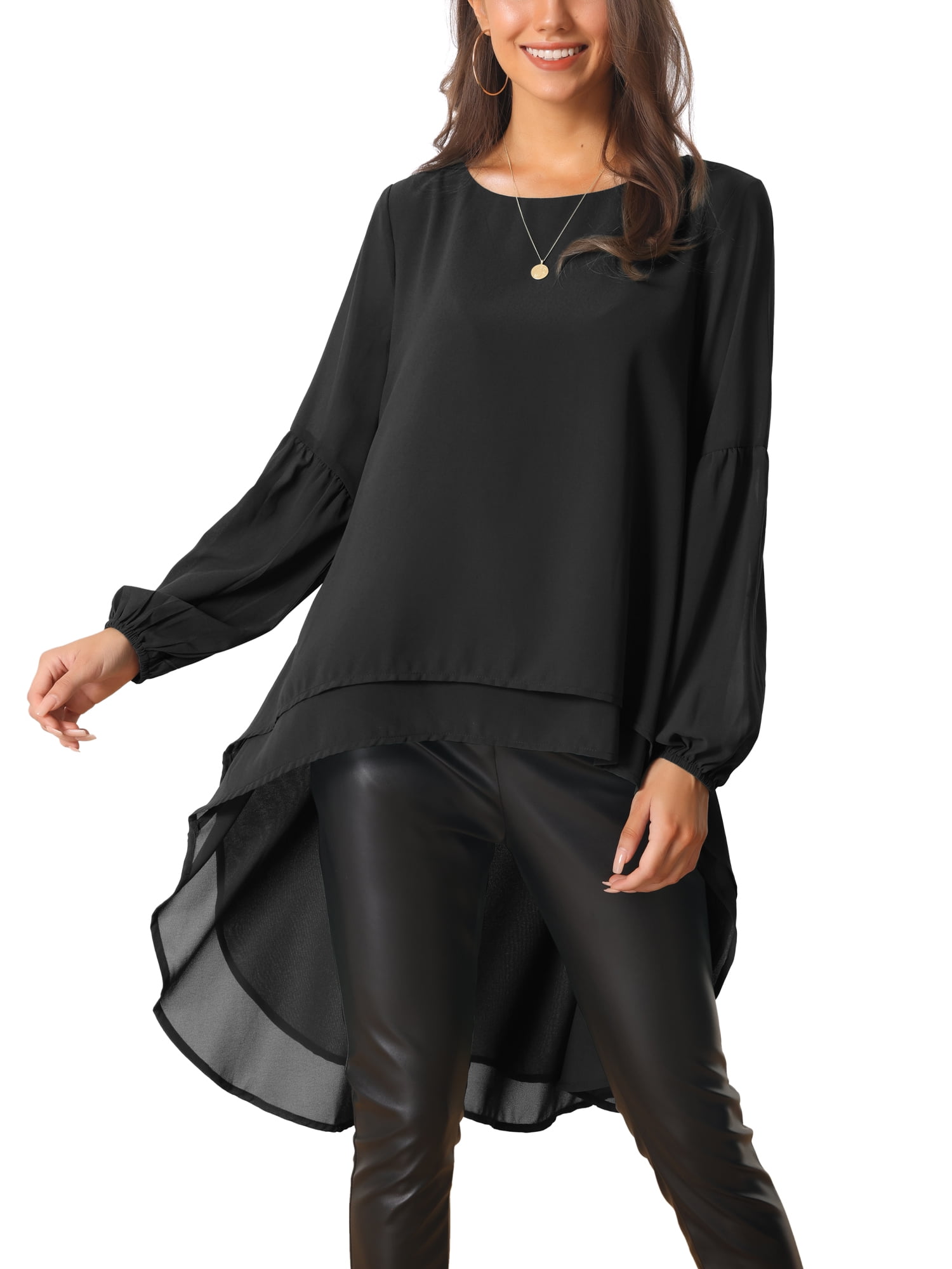 Seta T Women's Lantern Long Sleeve Round Neck High Low Asymmetrical Irregular Hem Casual Blouse ...