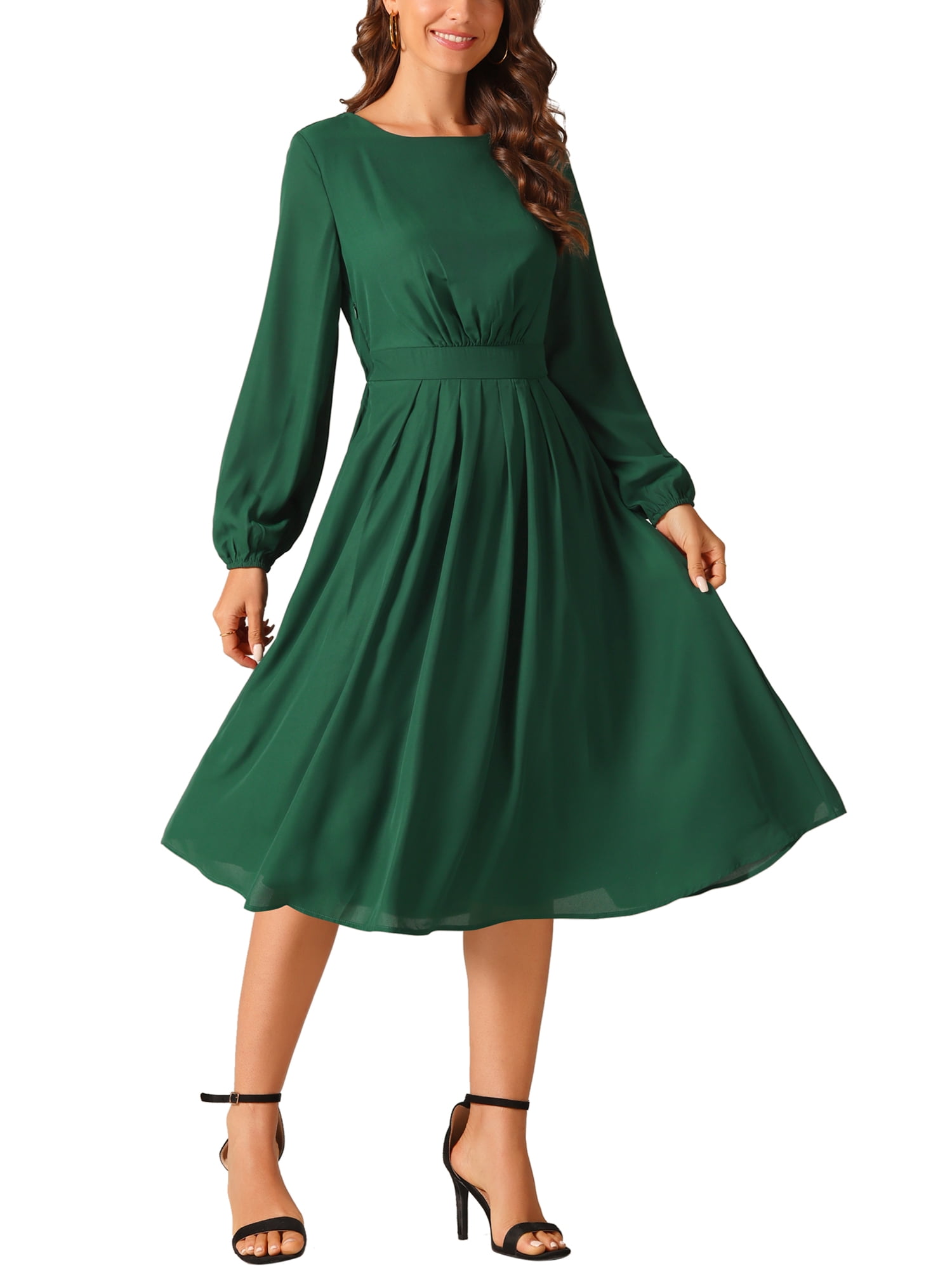 Seta T Women's Long Sleeve Crewneck Casual Dress High Waist Pleated a ...