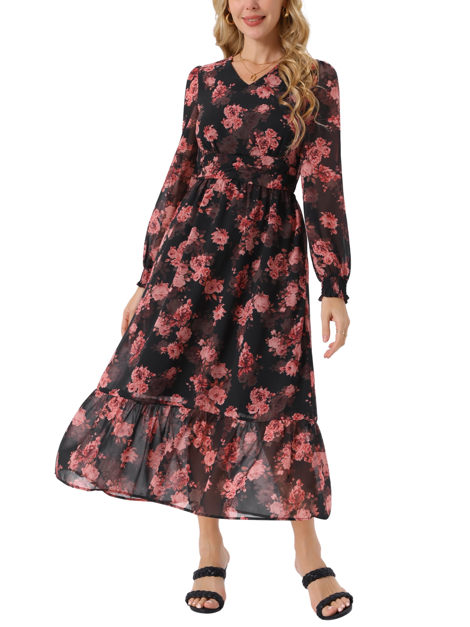 Seta T Women's Long Sleeve Floral Dresses V Neck Boho Ruffle Tiered ...
