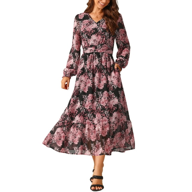 Seta T Women's Long Sleeve Floral Dresses V Neck Boho Ruffle Tiered ...