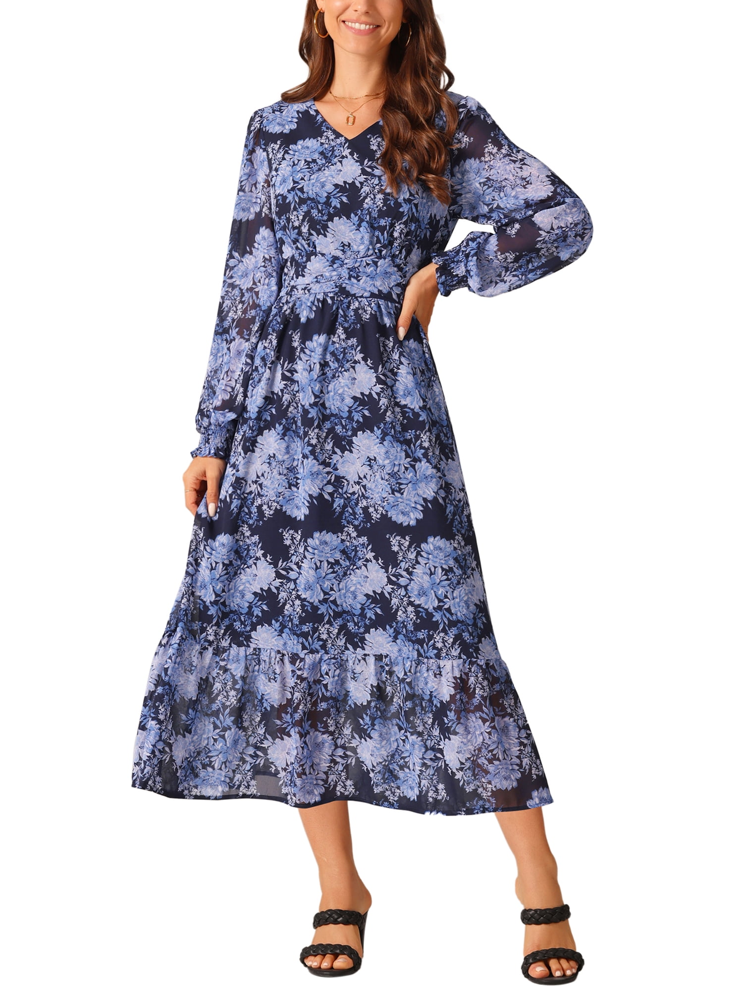 Seta T Women's Long Sleeve Floral Dresses V Neck Boho Ruffle Tiered ...
