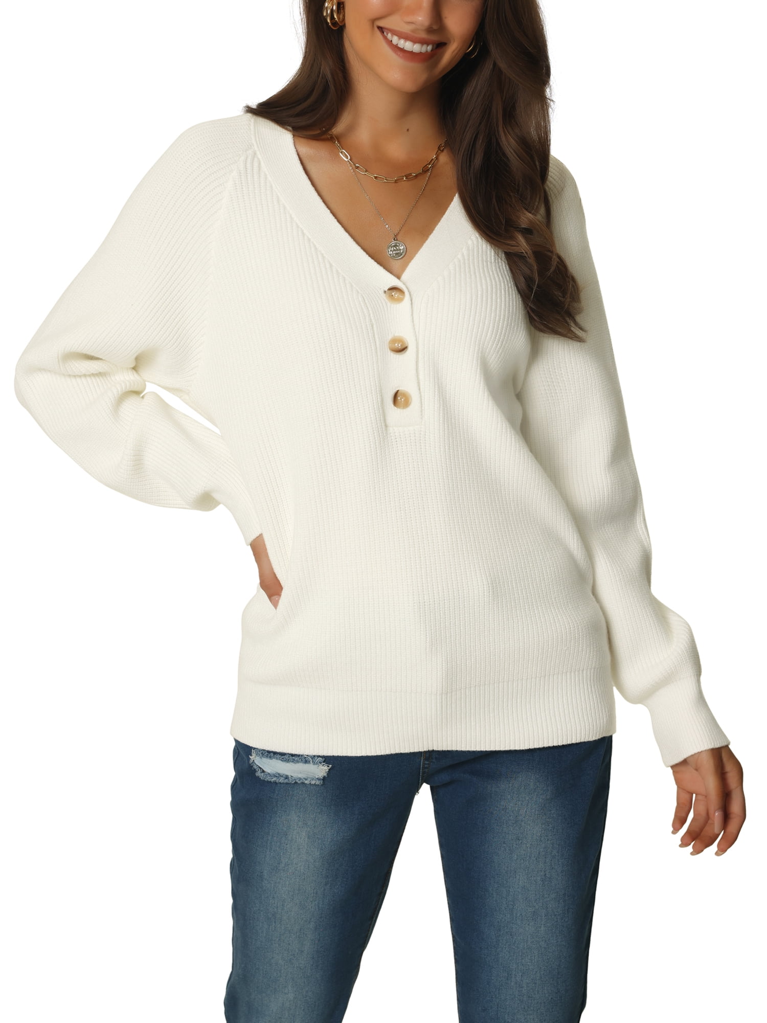 Seta T Women's Long Sleeve V Neck Button Down Ribbed Knit Casual ...