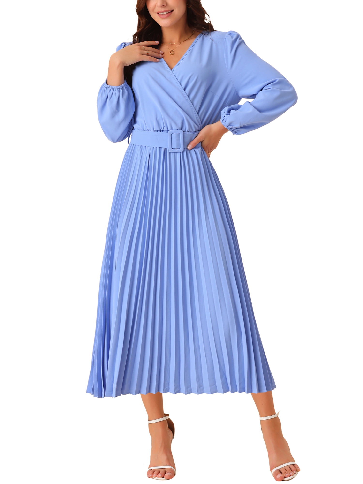 Seta T Women's Pleated Dress Puff Long Sleeve V Neck Belt Waist Dress S ...