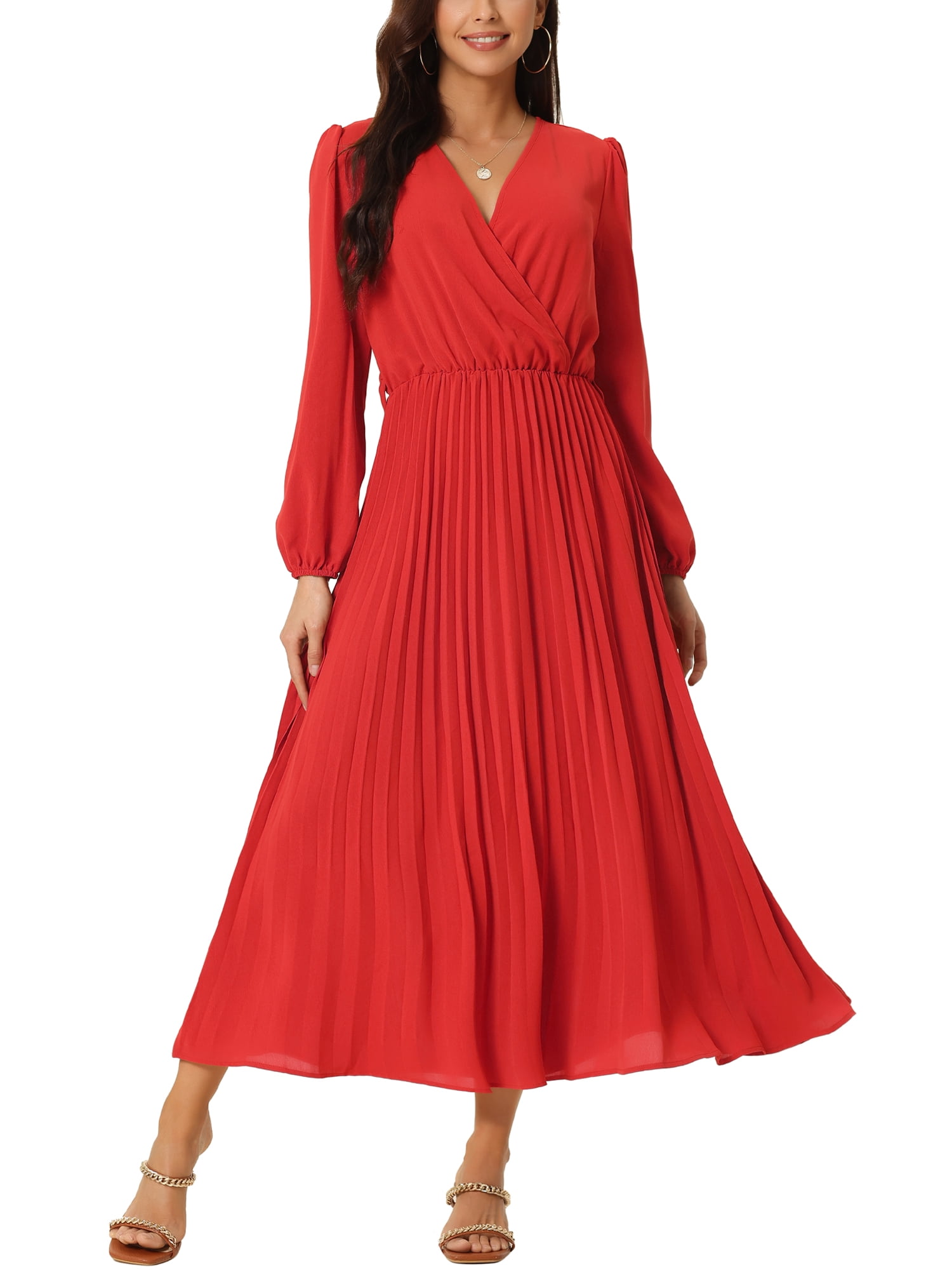 Seta T Women's Spring Fall Pleated Midi Dress with Long Puff Sleeves, V ...