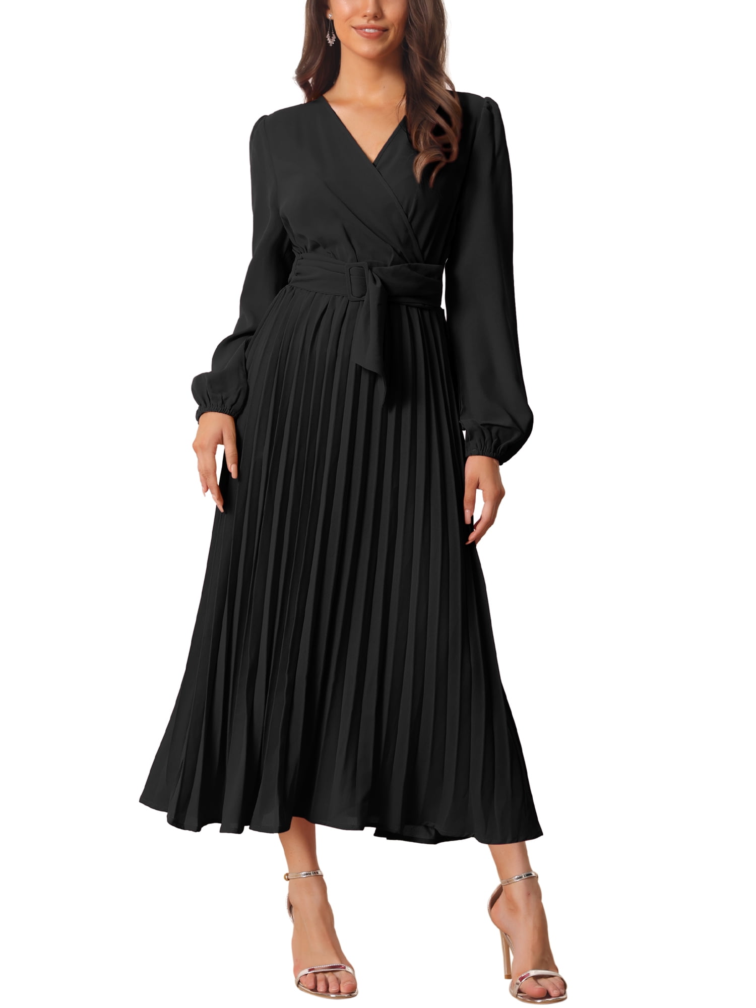 Seta T Women's Pleated Dress Puff Long Sleeve V Neck Belt Waist Midi ...