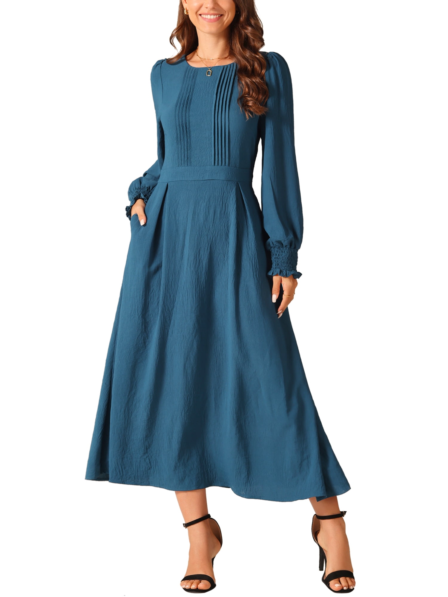 Seta T Women's Pleated Front Midi Dress Long Sleeve Crewneck High Waist ...