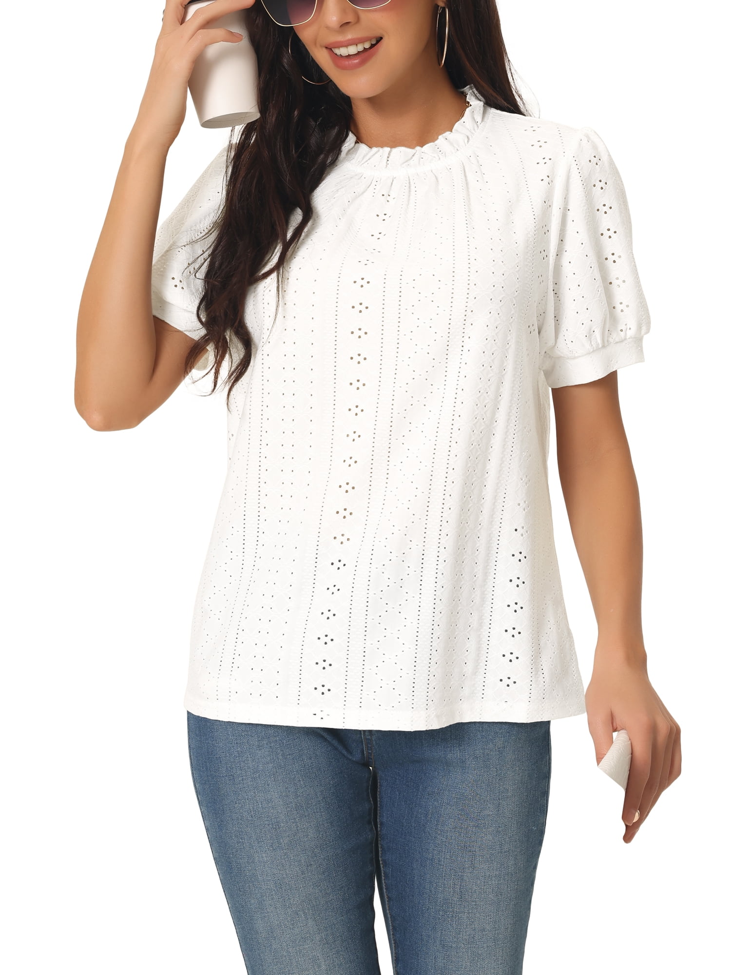 Seta T Women's Puff Sleeve Eyelet Tops Back Button Down Dressy Casual Ruffle Neck Blouses ...