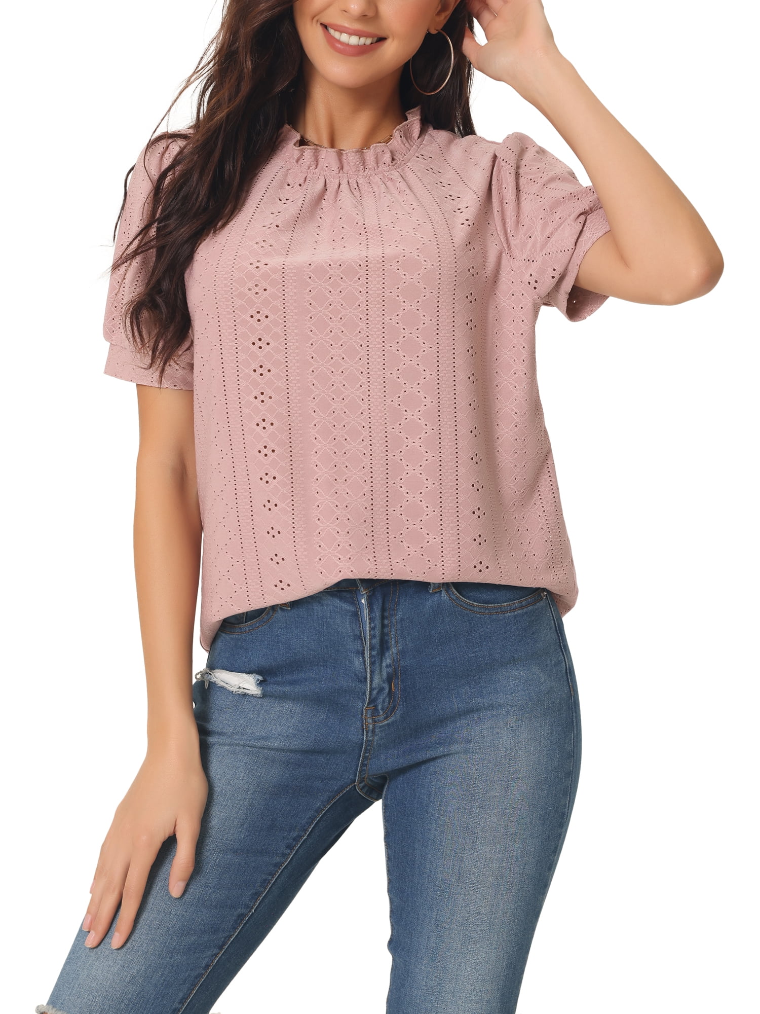 INSPIRE CHIC Women's Puff Sleeve Eyelet Tops Back Button Down Dressy ...