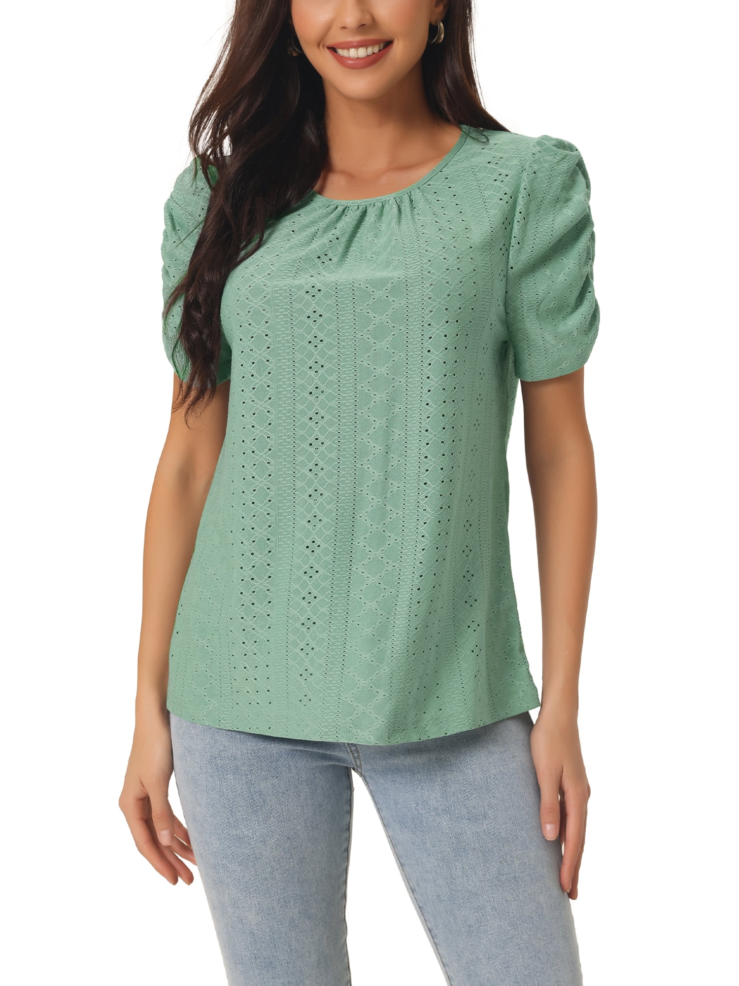 INSPIRE CHIC Women's Ruched Short Sleeve Tops Eyelet Dressy Casual ...