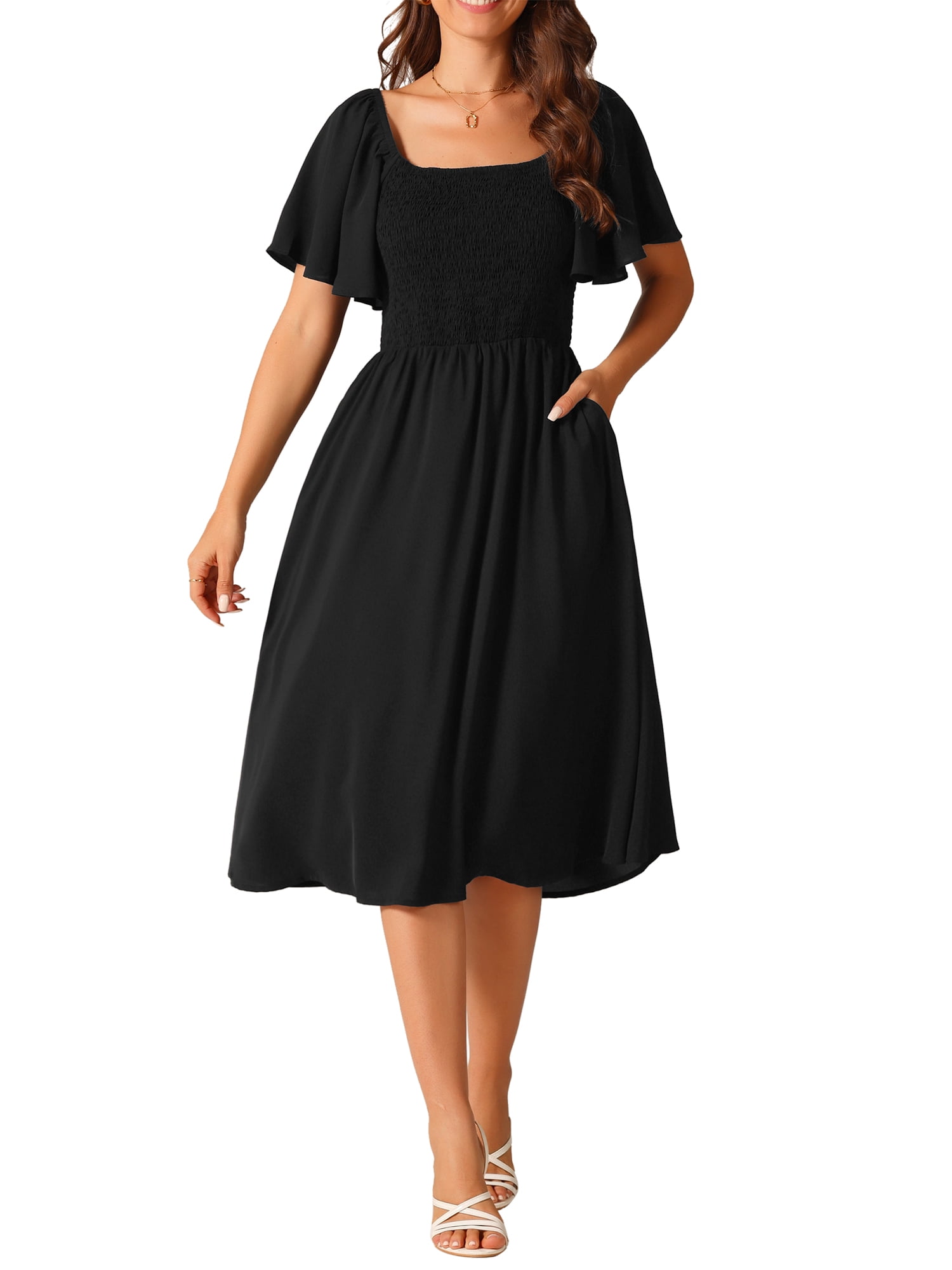 Seta T Women's Ruffle Short Sleeve Dress with Pockets Square Neck ...