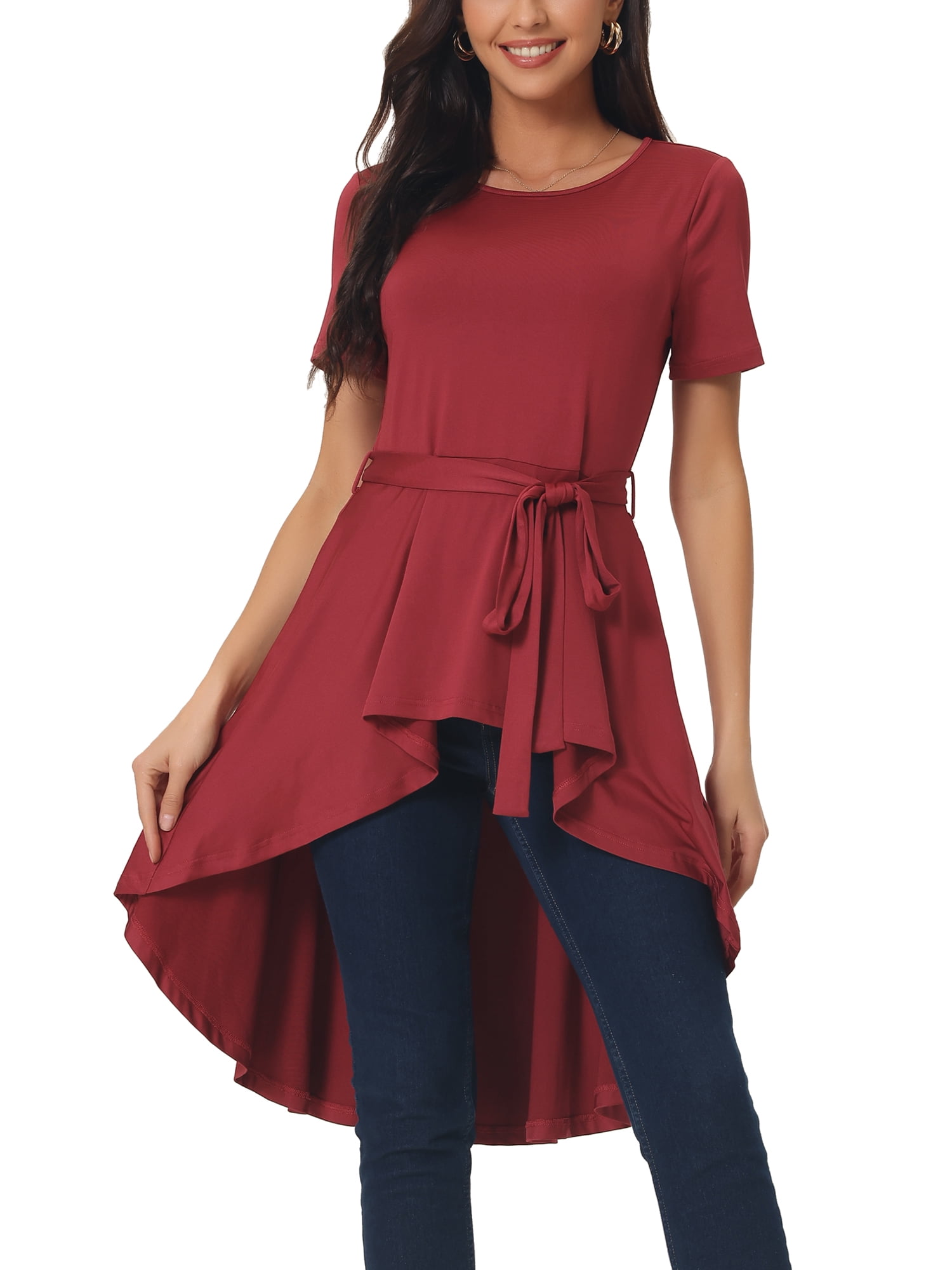 Seta T Women's Short Sleeve High Low Hem Tops Round Neck Tie Waist ...