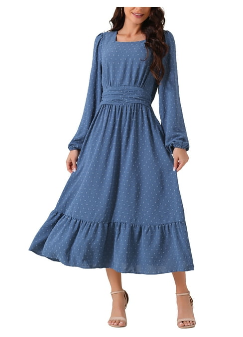 Seta T Women's 2024 Swiss Dots Midi Dress Long Sleeve V Neck Boho Long ...