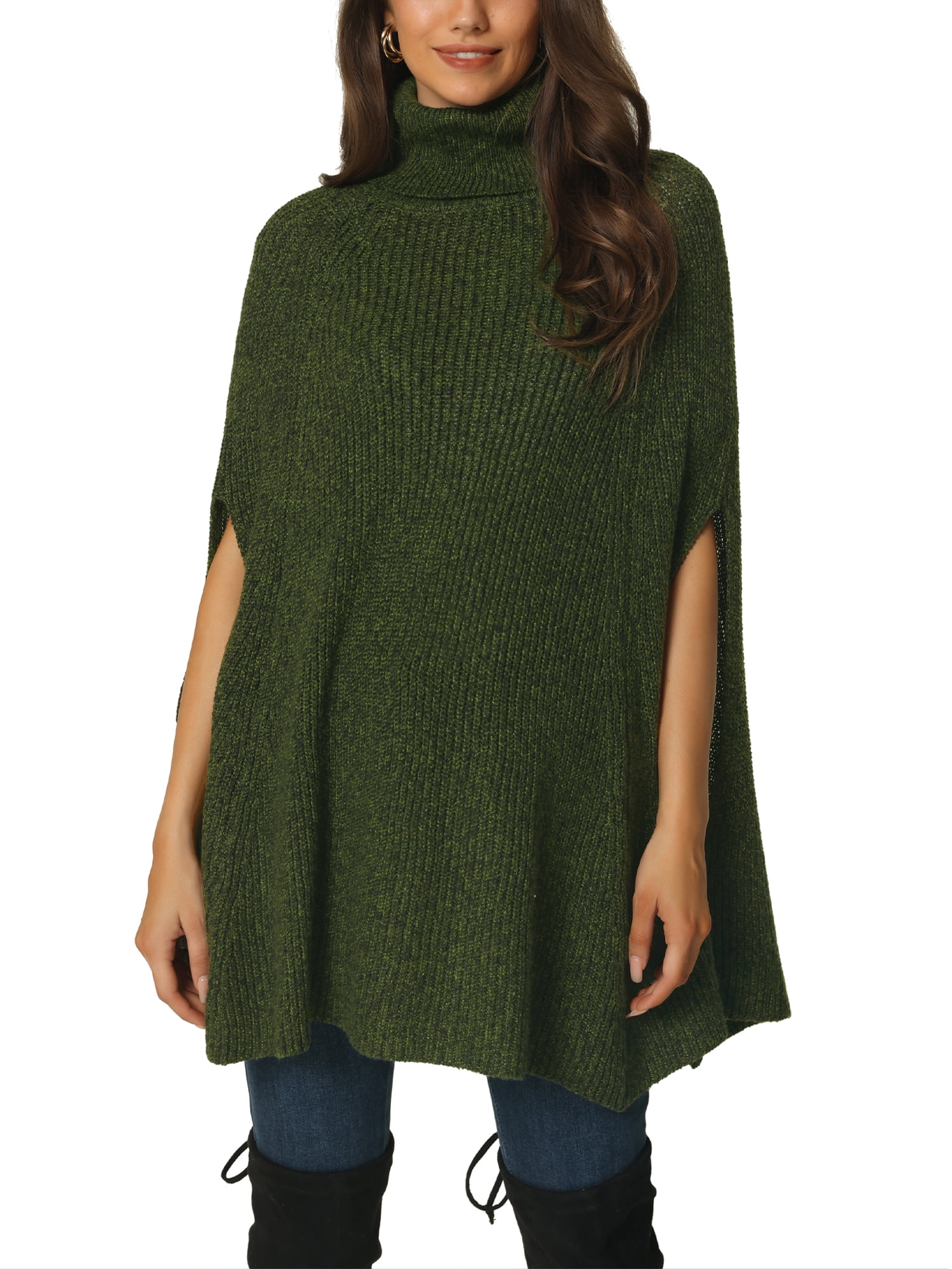 Seta T Women's Turtleneck Fashion Chunky Knit Cape Sweater M Army Green ...