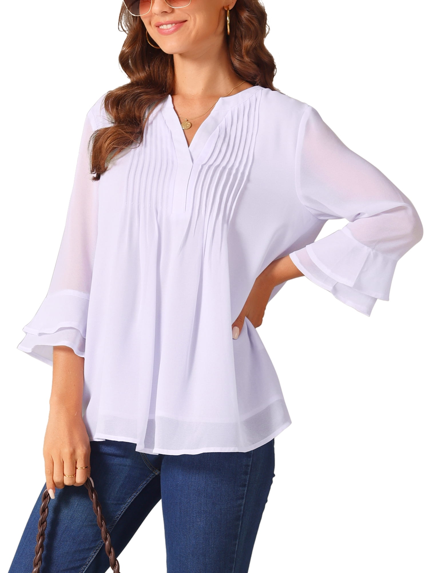 INSPIRE CHIC Women's V Neck Solid Pintuck Top Double Ruffle 3/4 Sleeve ...