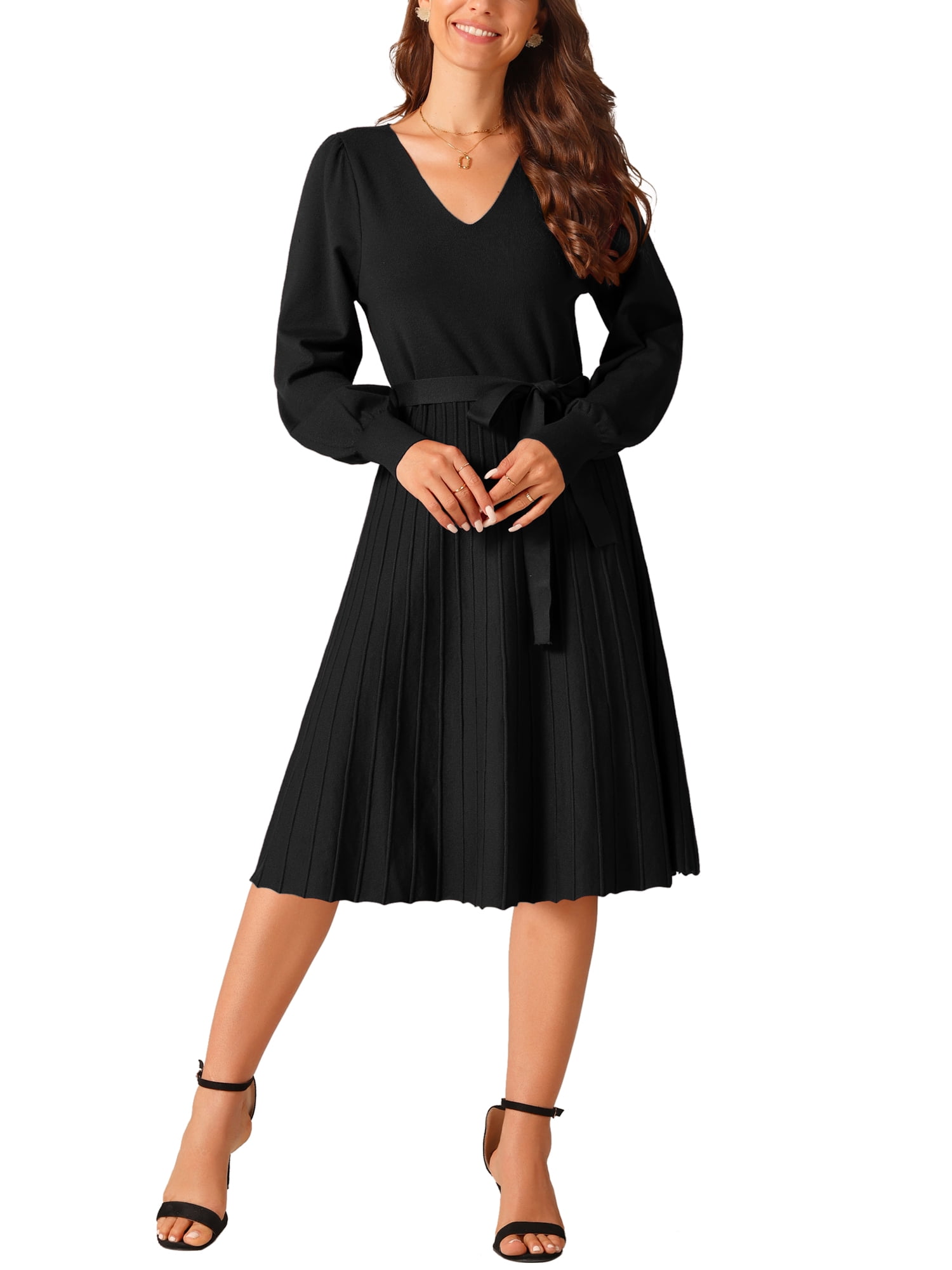 Seta T Women's V Neck Tie Waist Dress Casual Long Sleeve Pleated Knit A-Line Sweater Dress ...