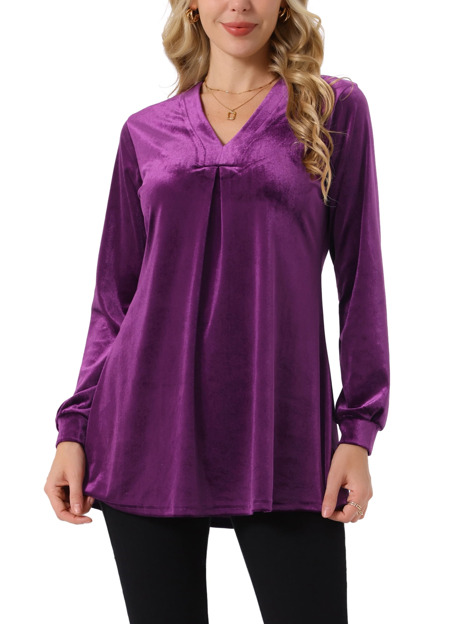 Women's Velvet Top V Neck Long Sleeves Solid Casual Tunic Blouse Loose ...
